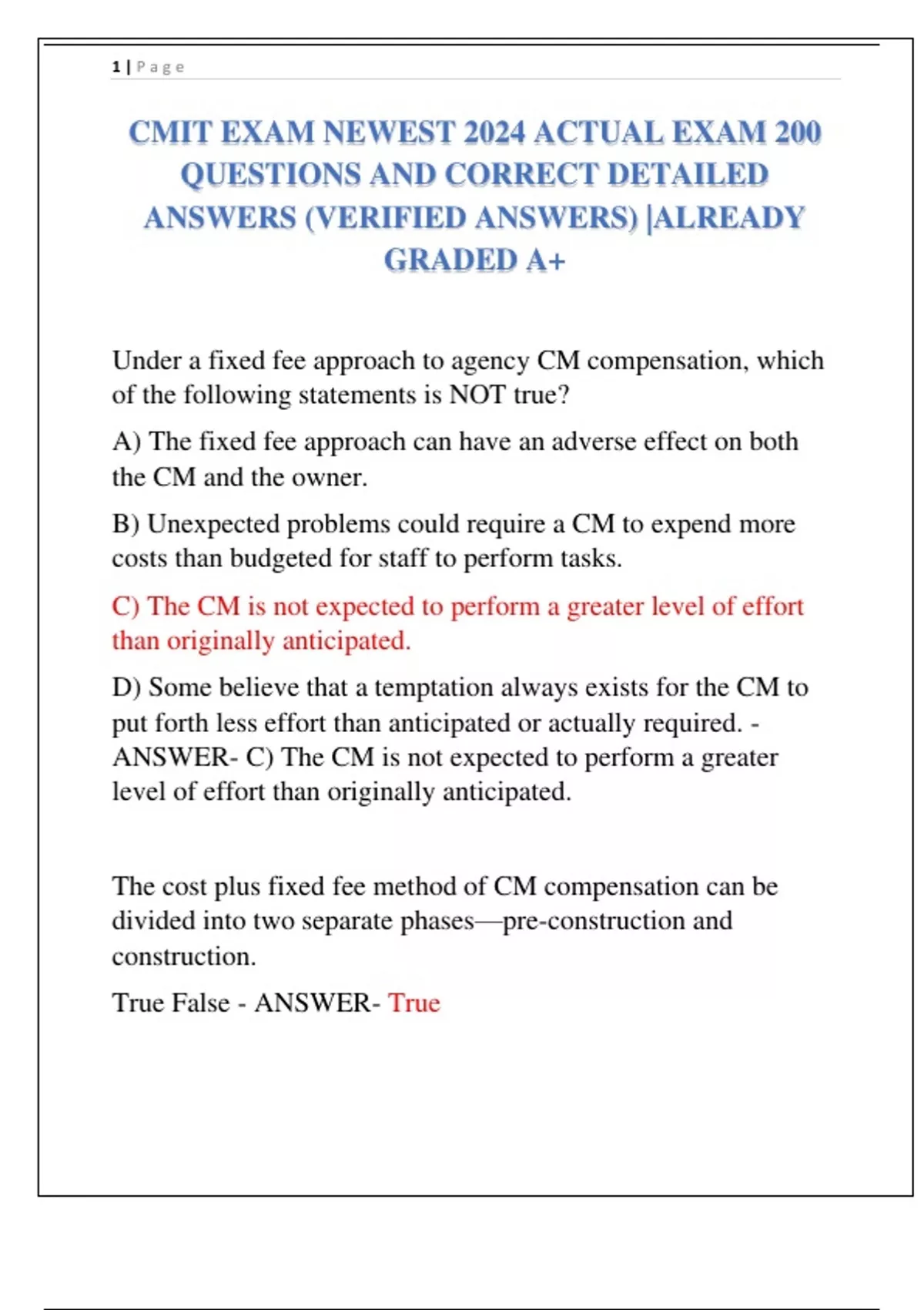 Cmit Exam Newest 2024 Actual Exam 200 Questions And Correct Detailed Answers Verified Answers