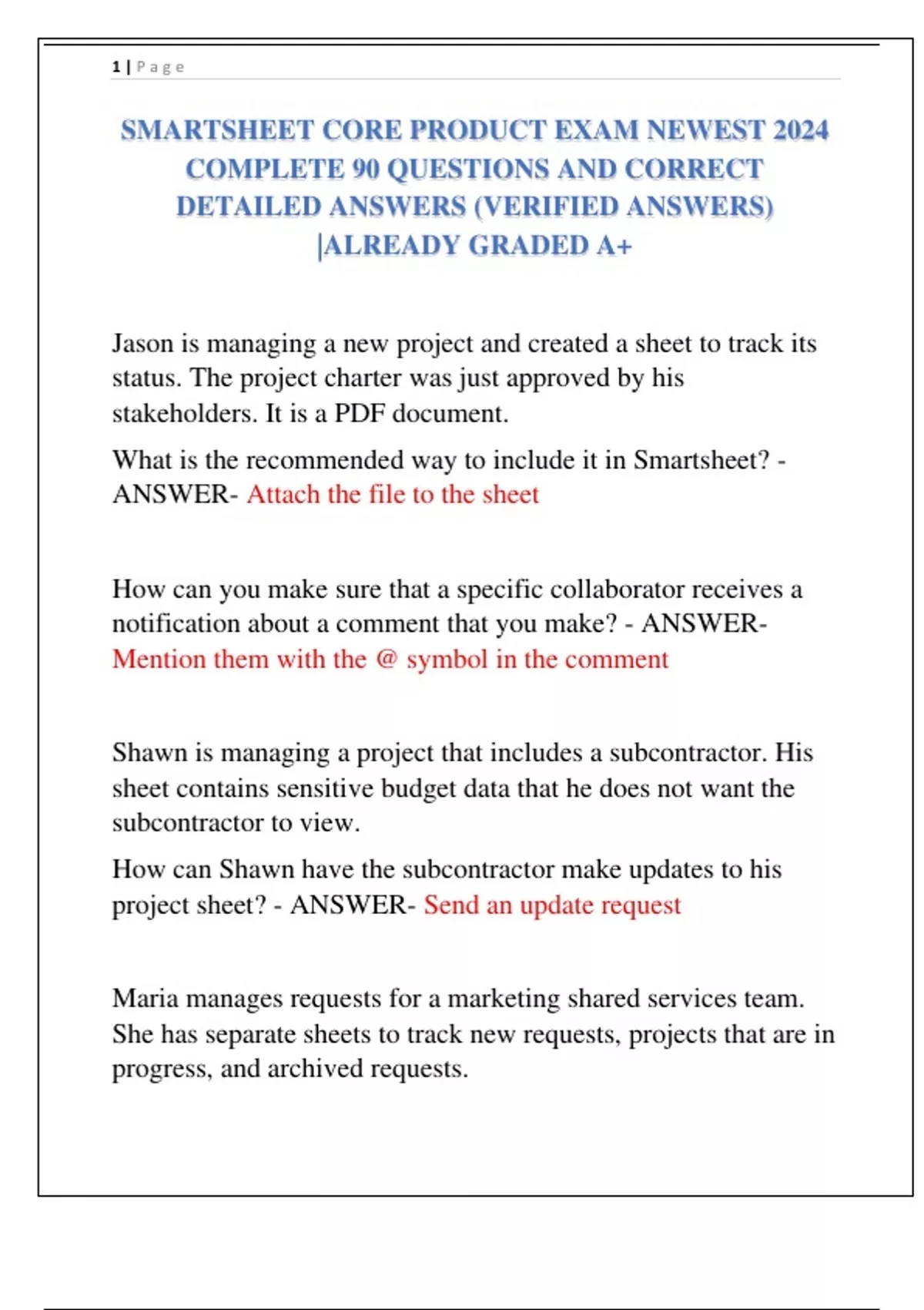 SMARTSHEET CORE PRODUCT EXAM NEWEST 2024 COMPLETE 90 QUESTIONS AND ...
