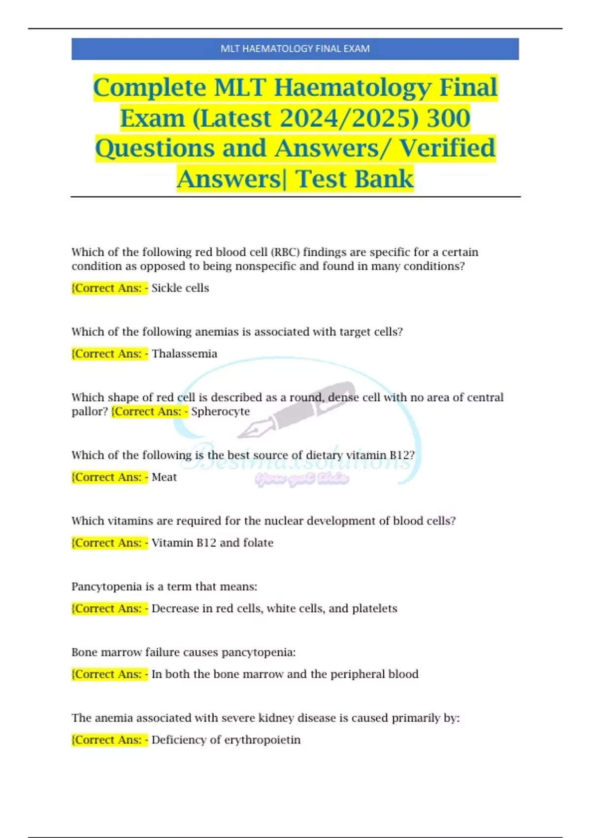 Complete MLT Haematology Final Exam (Latest 2024/2025) 300 Questions ...