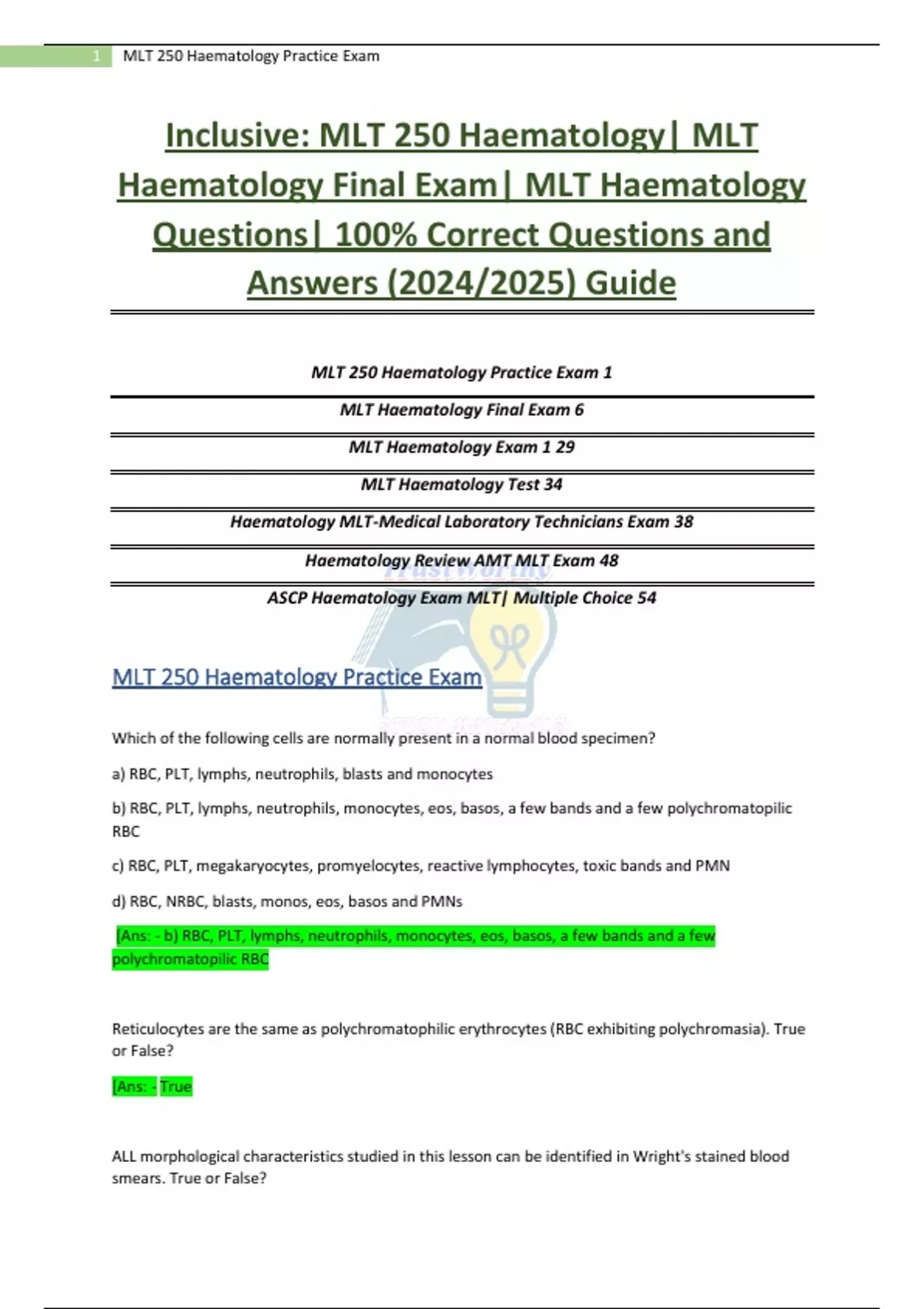 Inclusive: MLT 250 Haematology| MLT Haematology Final Exam| MLT ...