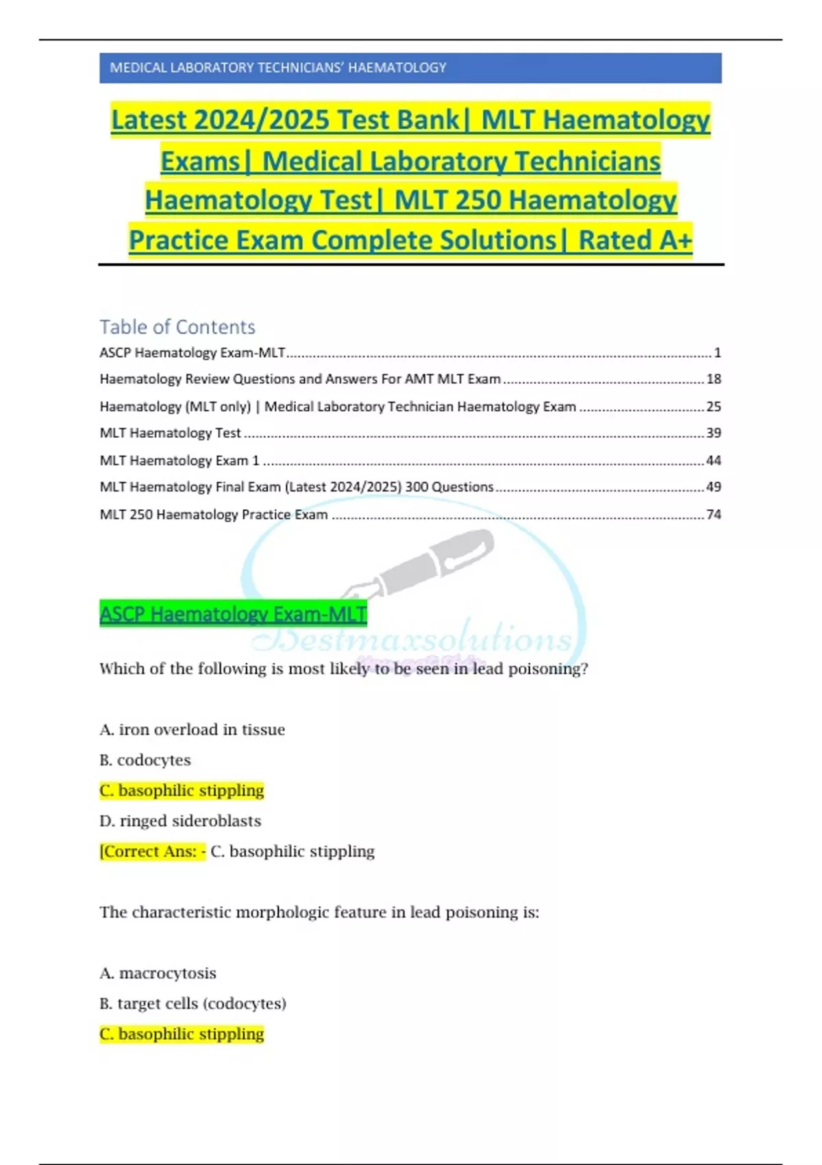 Latest 2024/2025 Test Bank| MLT Haematology Exams| Medical Laboratory ...