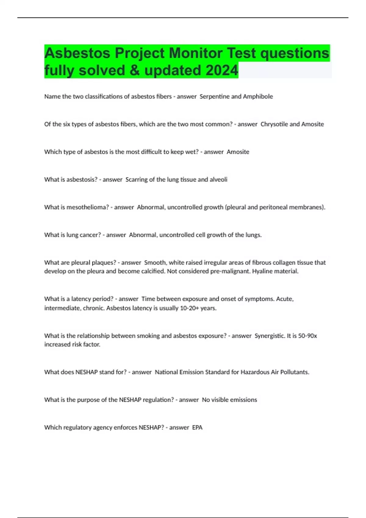 Asbestos Project Monitor Test questions fully solved & updated 2024 ...