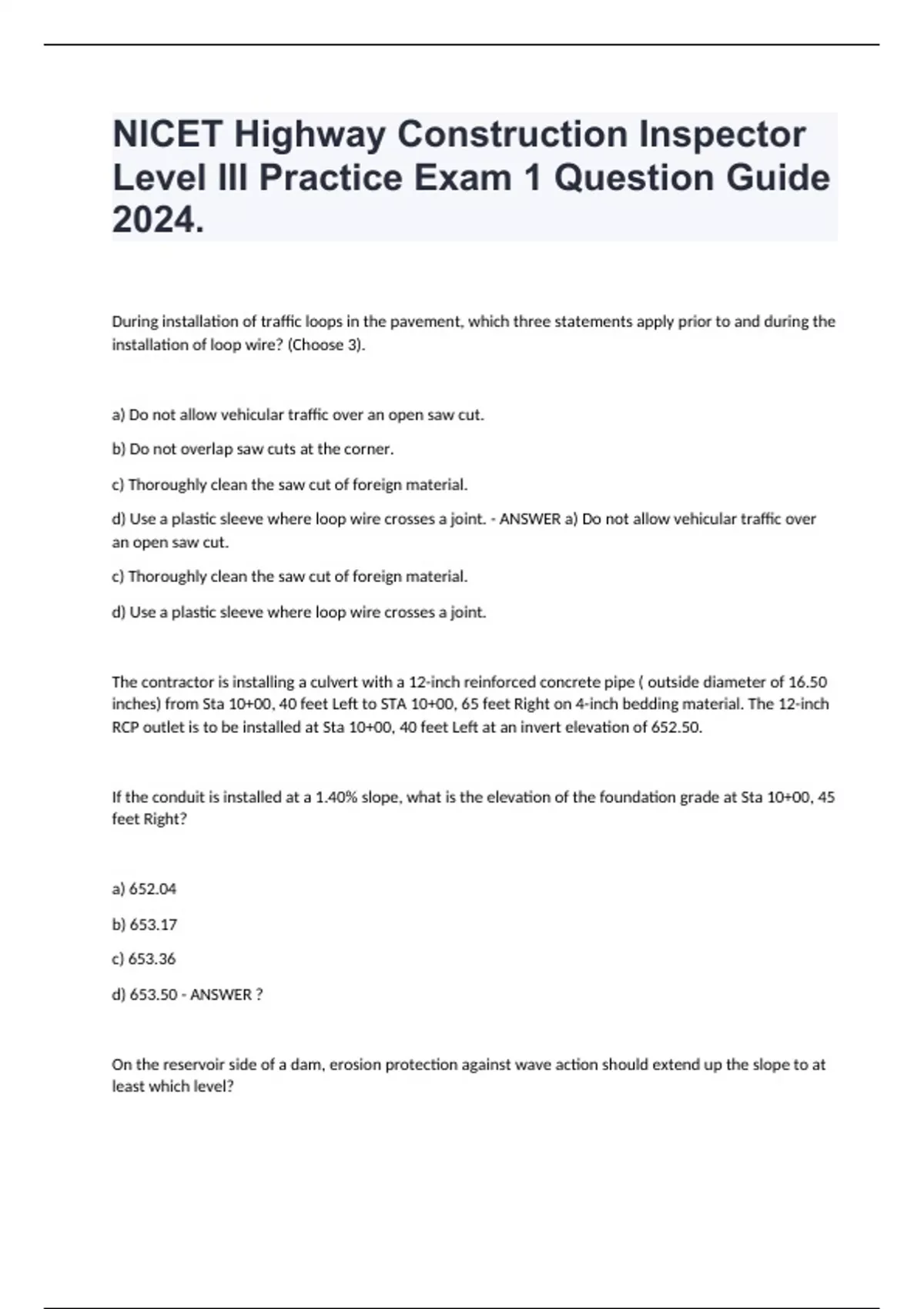 NICET Highway Construction Inspector Level III Practice Exam 1 Question ...