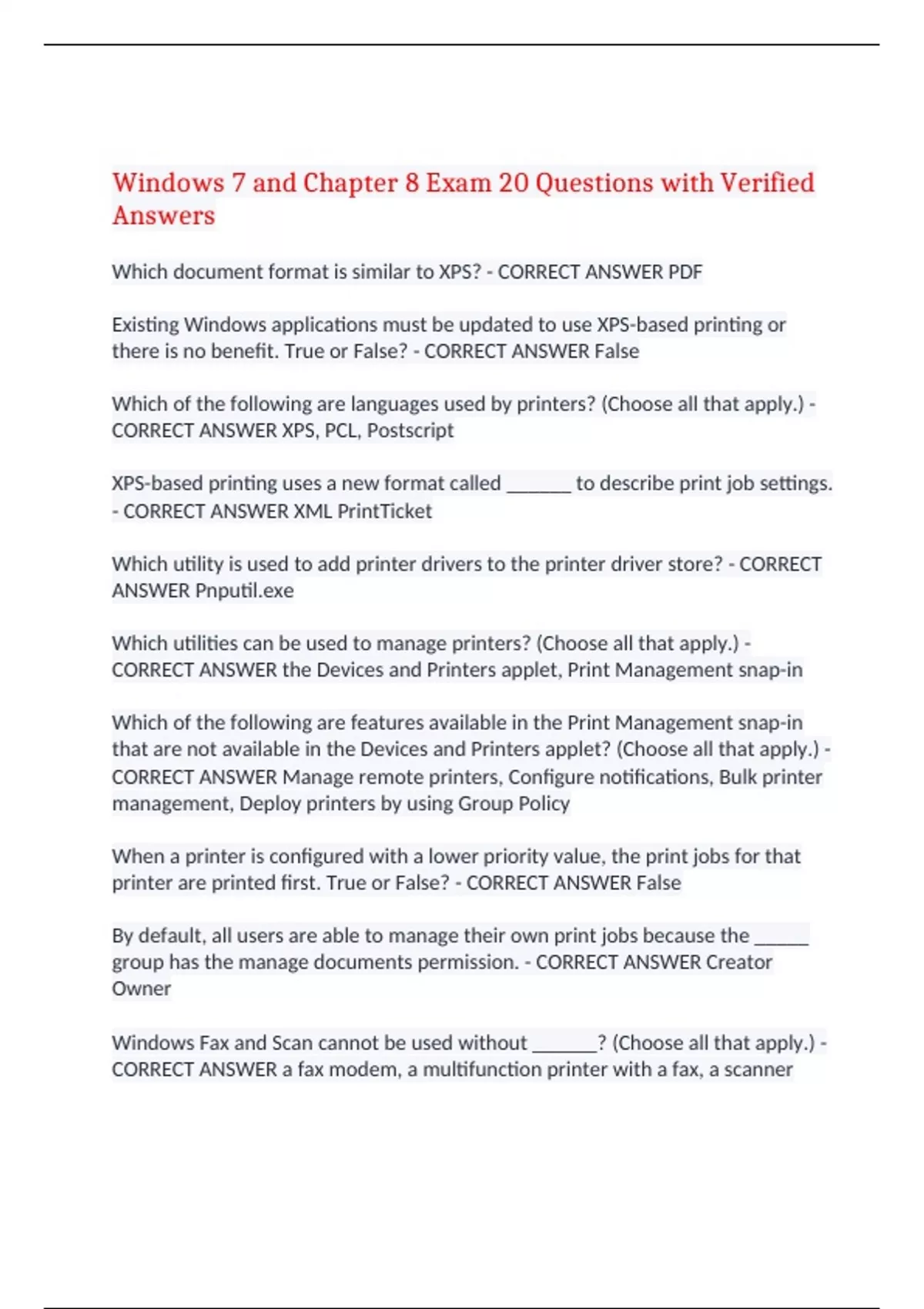 Windows 7 and Chapter 8 Exam 20 Questions with Verified Answers,100% CORRECT - Windows 7 and ...