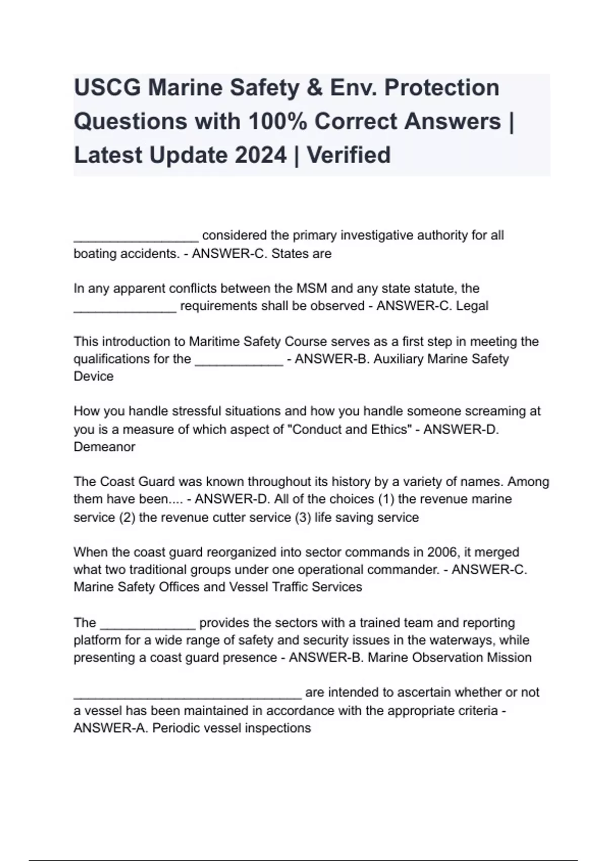 USCG Marine Safety & Env. Protection Questions with 100% Correct ...