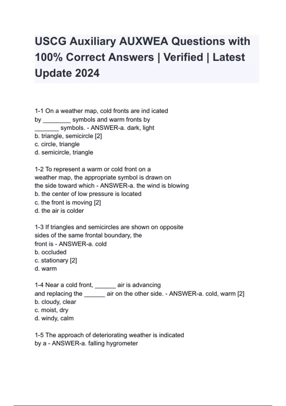 USCG Auxiliary AUXWEA Questions with 100% Correct Answers | Verified ...