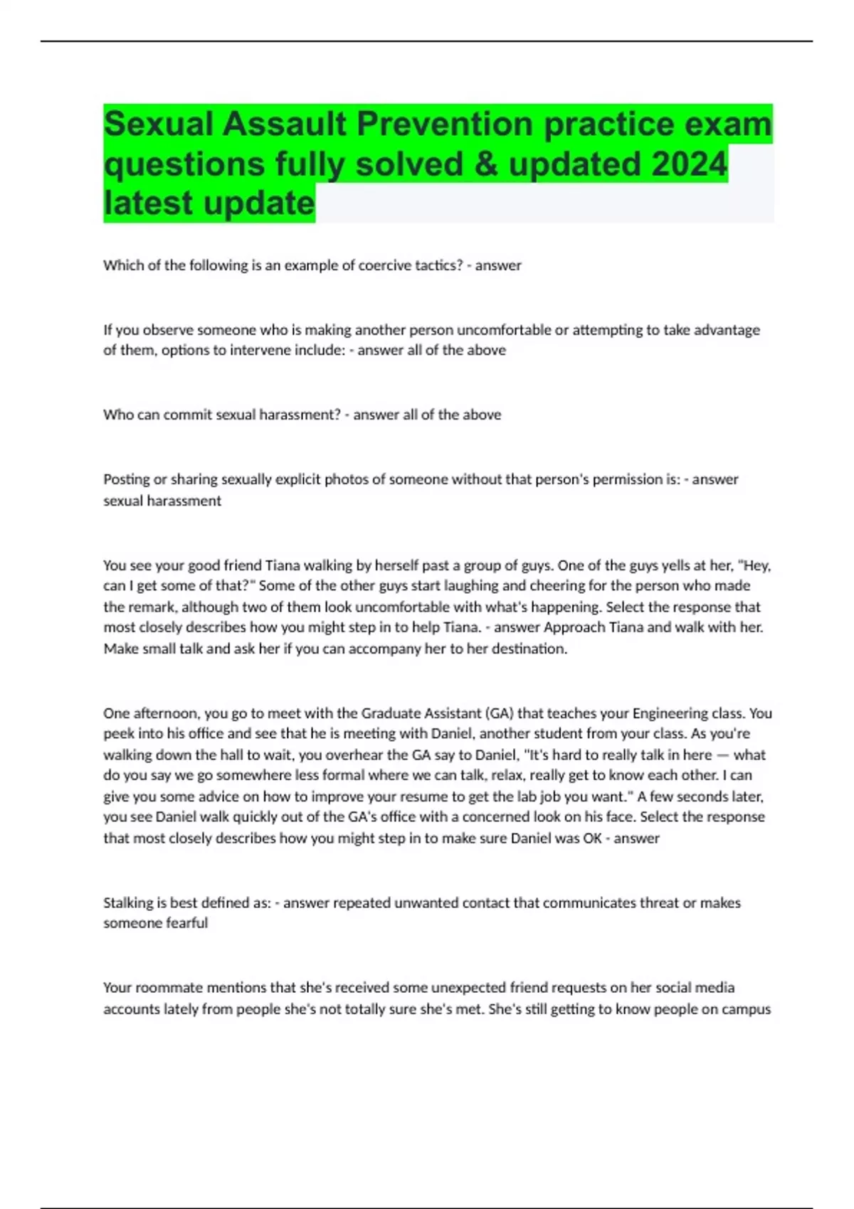 Sexual Assault Prevention practice exam questions fully solved ...