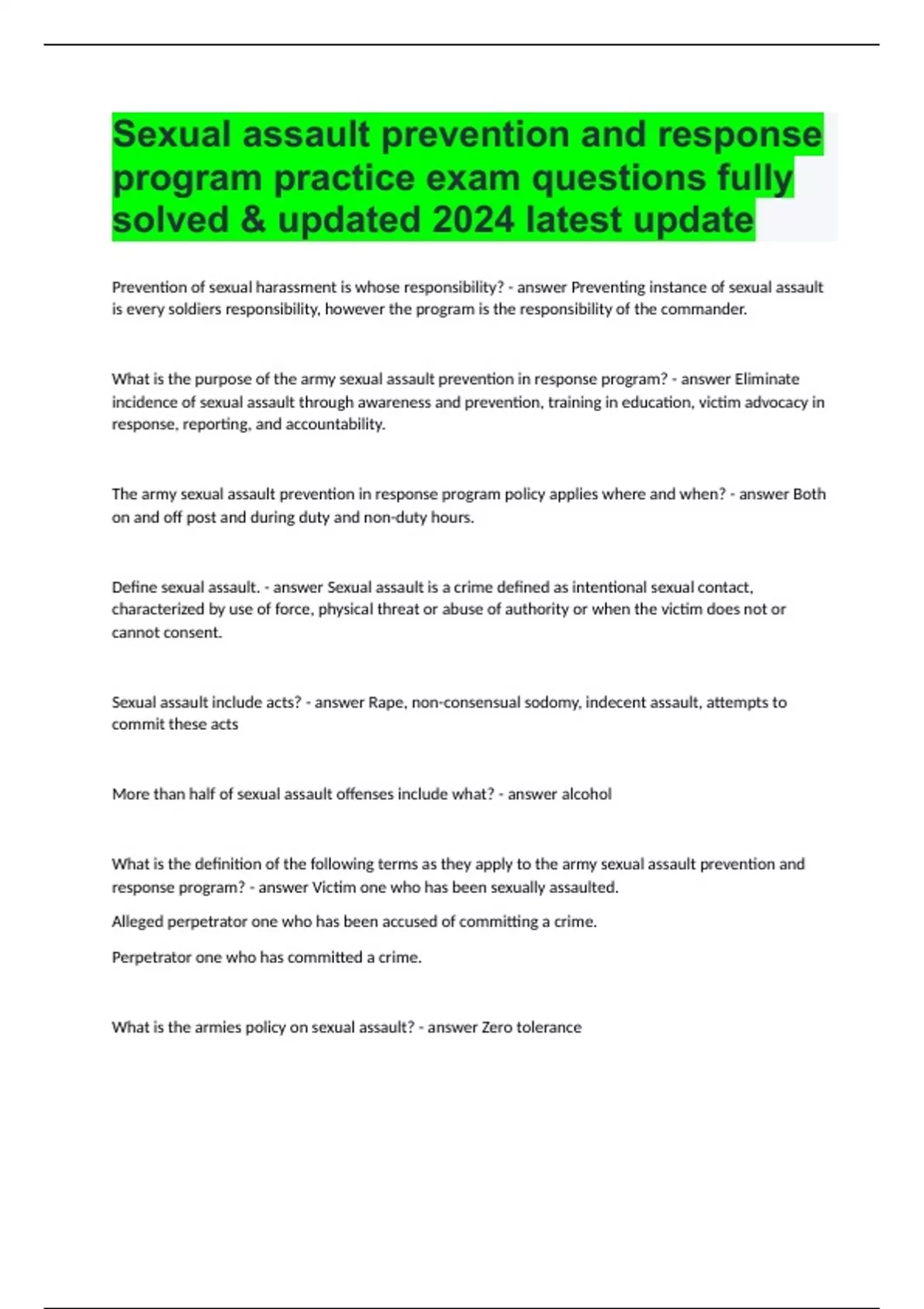 Sexual assault prevention and response program practice exam questions ...