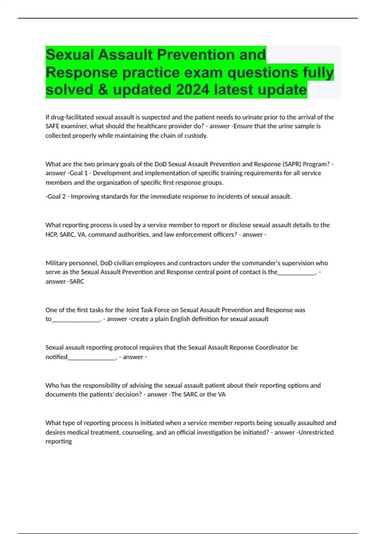 Sexual Assault Prevention and Response practice exam questions fully ...