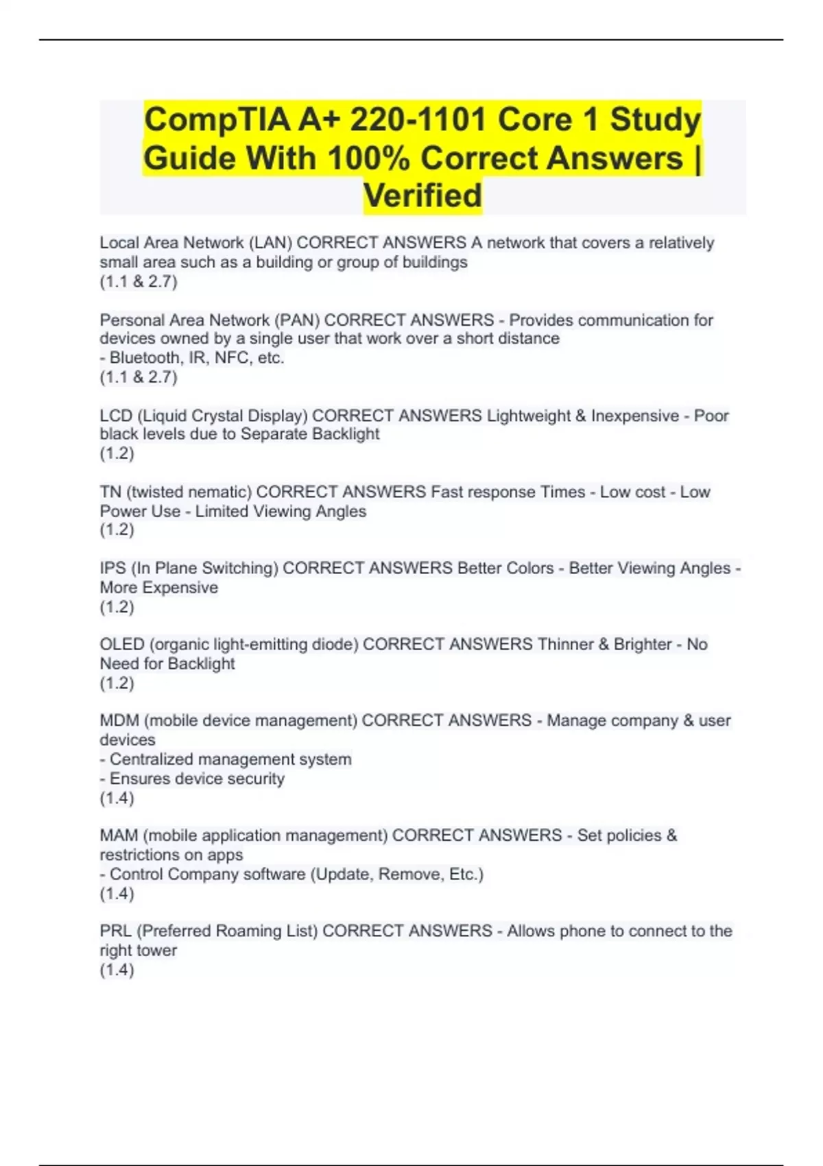 CompTIA A+ 220-1101 Core 1 Study Guide With 100% Correct Answers | Verified - CompTIA A+ 220 ...