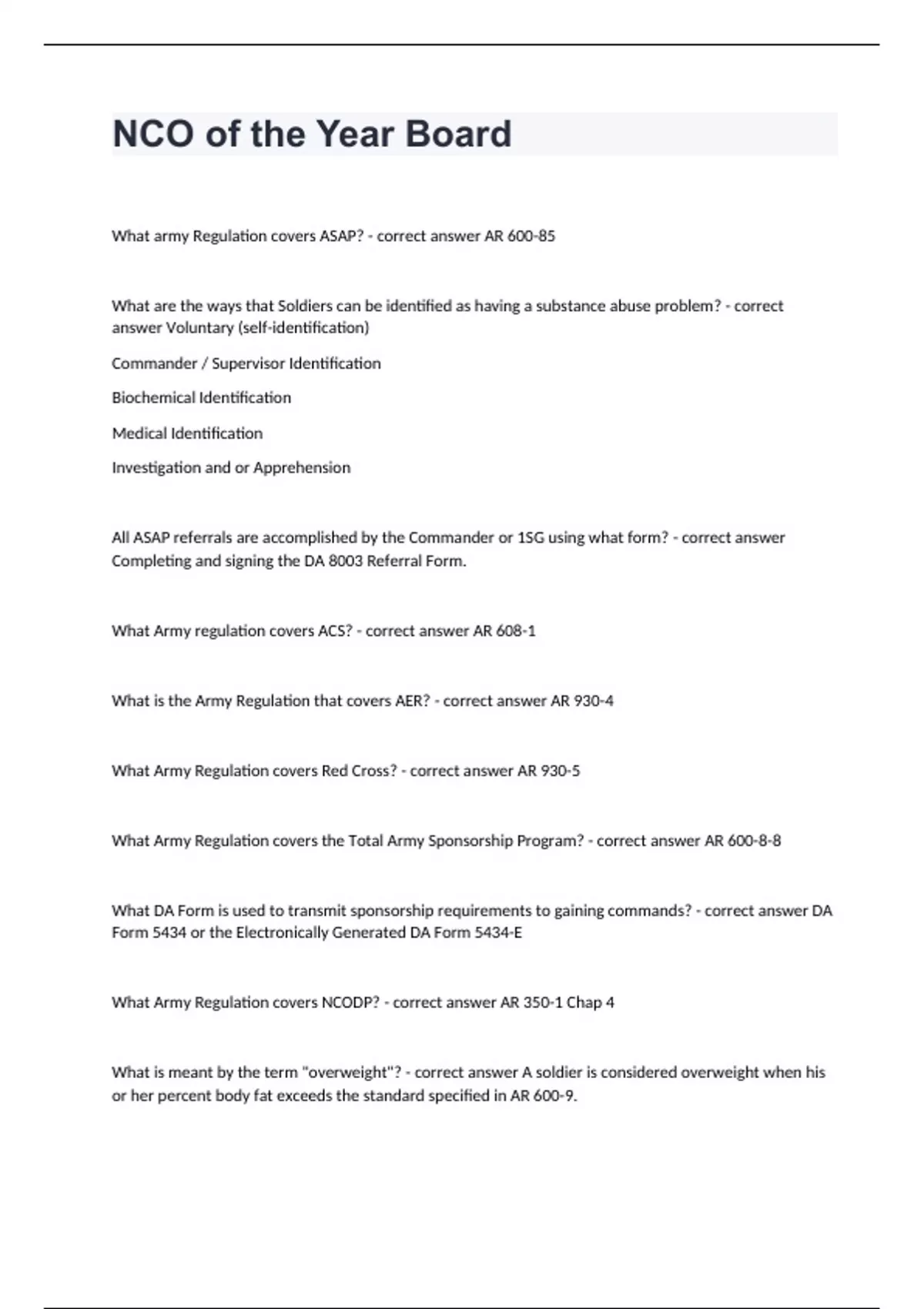 NCO of the Year Board Question and answers rated A+ 2024 - NCO ...