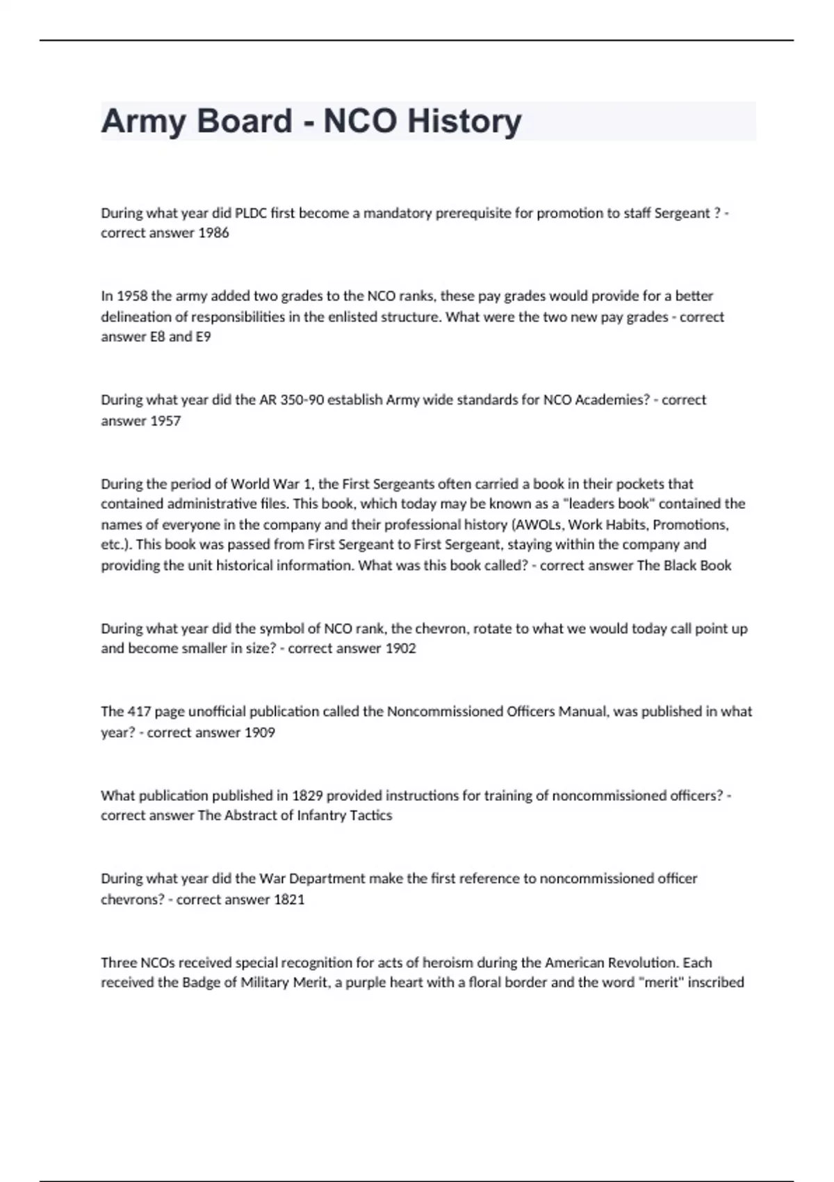 Army Board - NCO History Question and answers already passed 2024 - NCO ...
