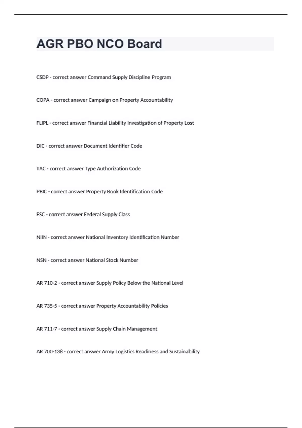 AGR PBO NCO Board Question and answers 100% correct 2024 - NCO ...