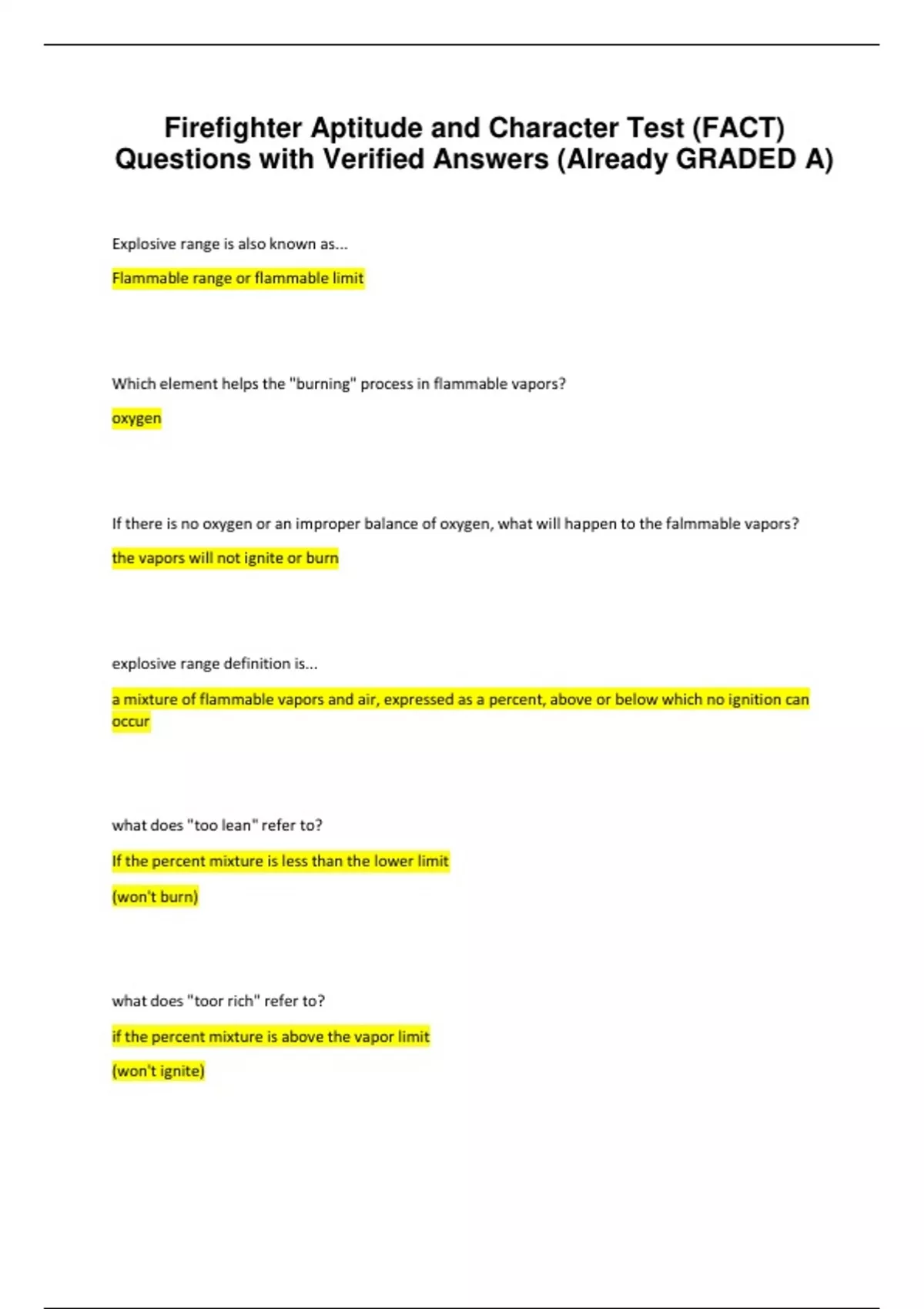 Firefighter Aptitude and Character Test (FACT) Questions with Verified ...