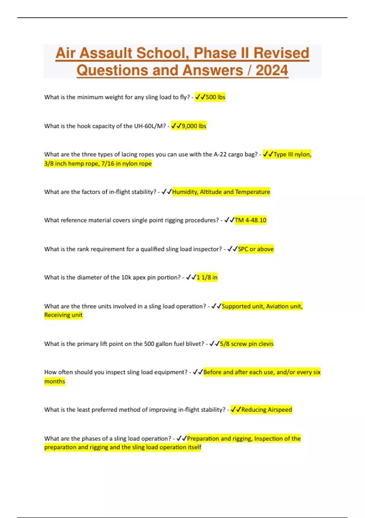 Air Assault School, Phase II Revised Questions and Answers / 2024 - Air ...