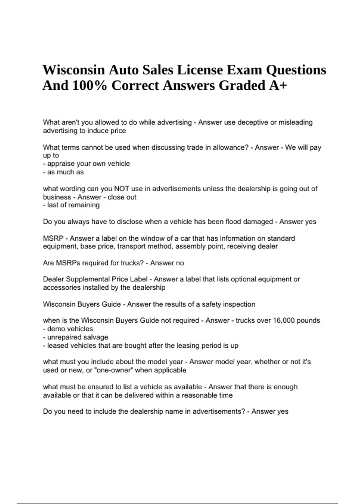 Wisconsin Auto Sales License Exam Questions And 100% Correct Answers ...