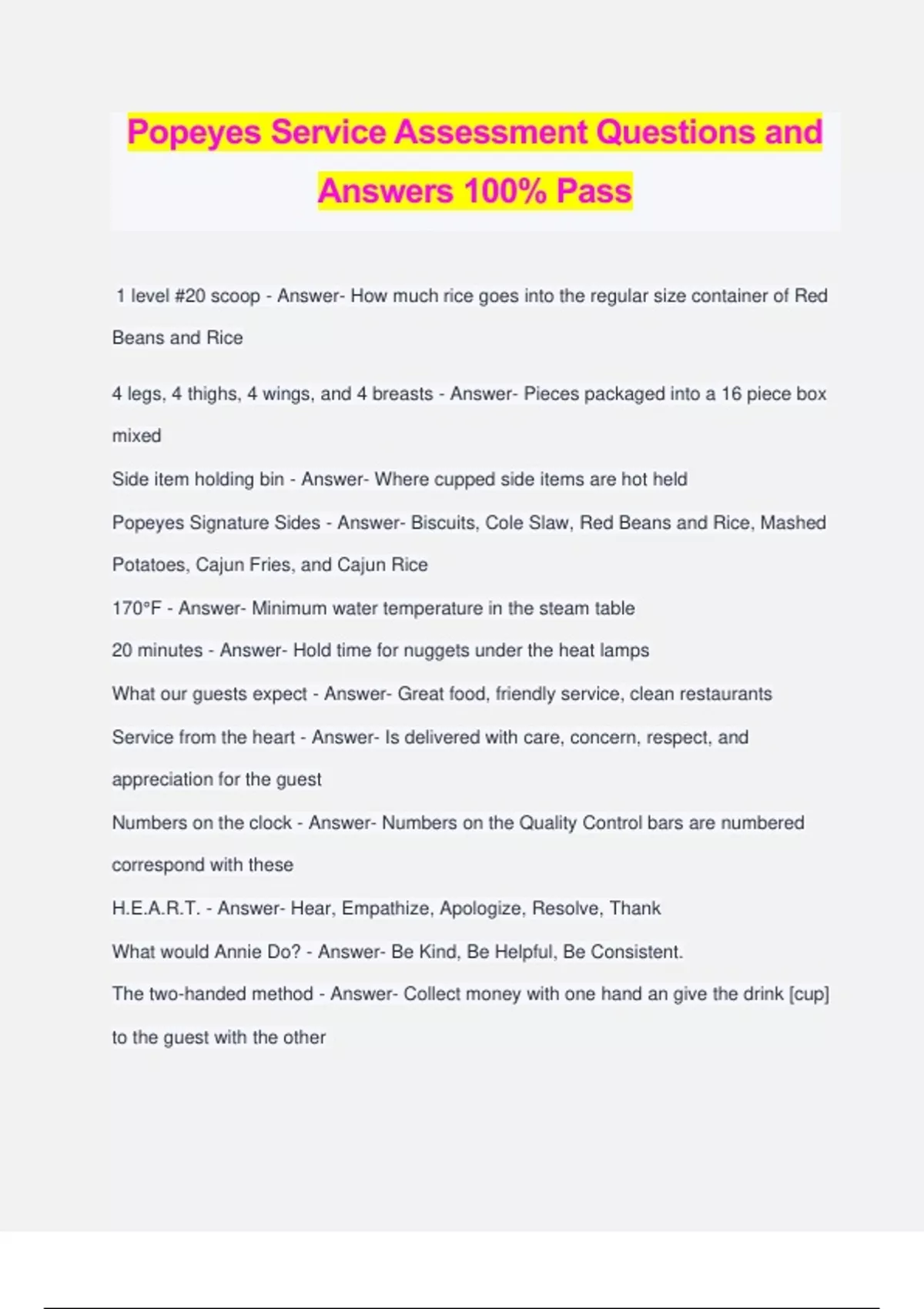 Popeyes Service Assessment Questions and Answers 100% Pass - Popeye\'s ...