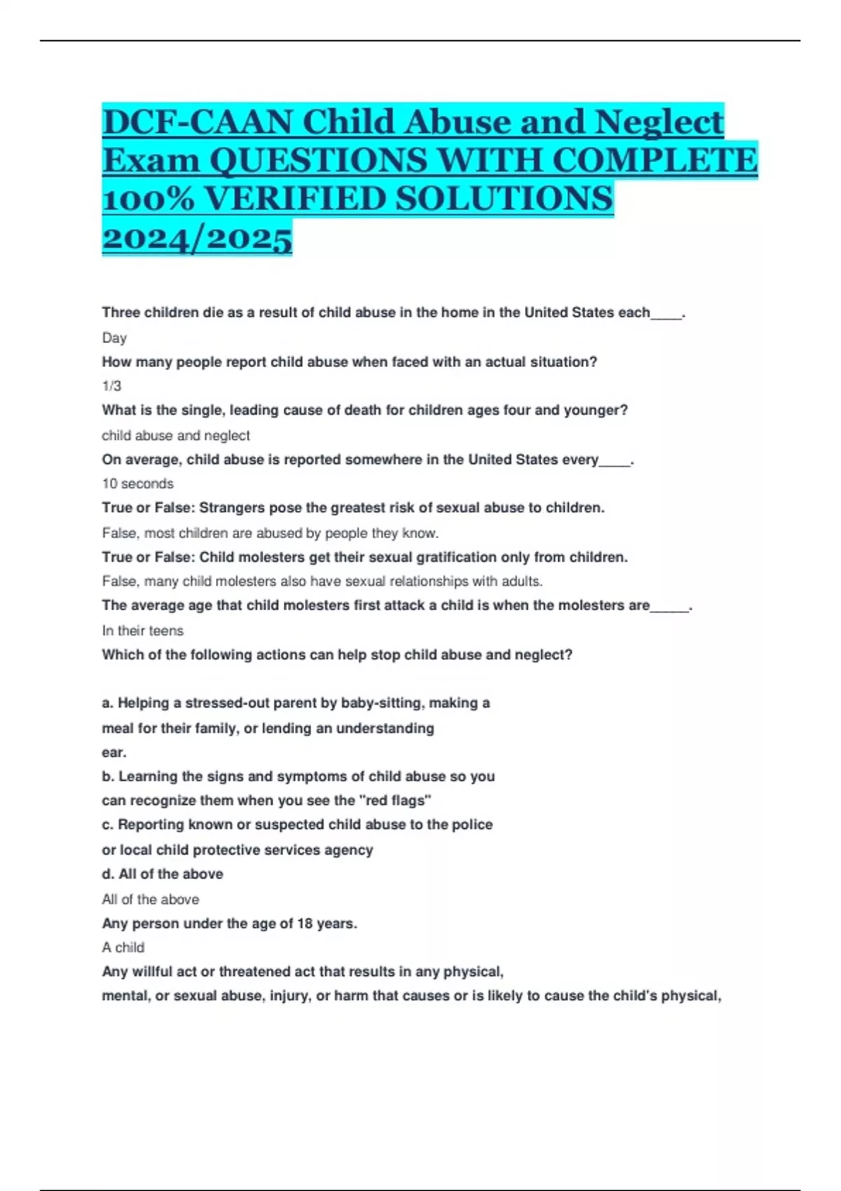 DCF-CAAN Child Abuse and Neglect Exam QUESTIONS WITH COMPLETE 100% ...