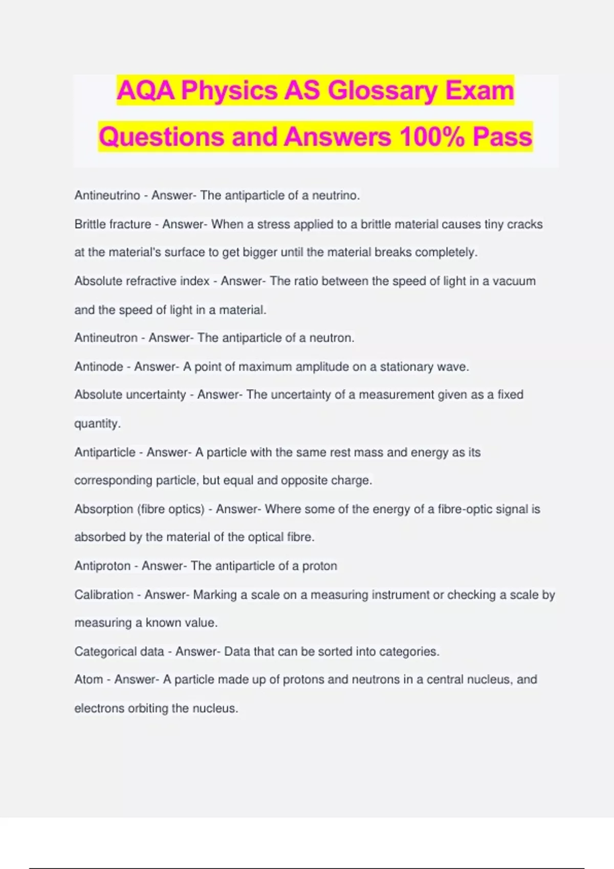 AQA Physics AS Glossary Exam Questions and Answers 100% Pass - AQA AS Physics - Stuvia US