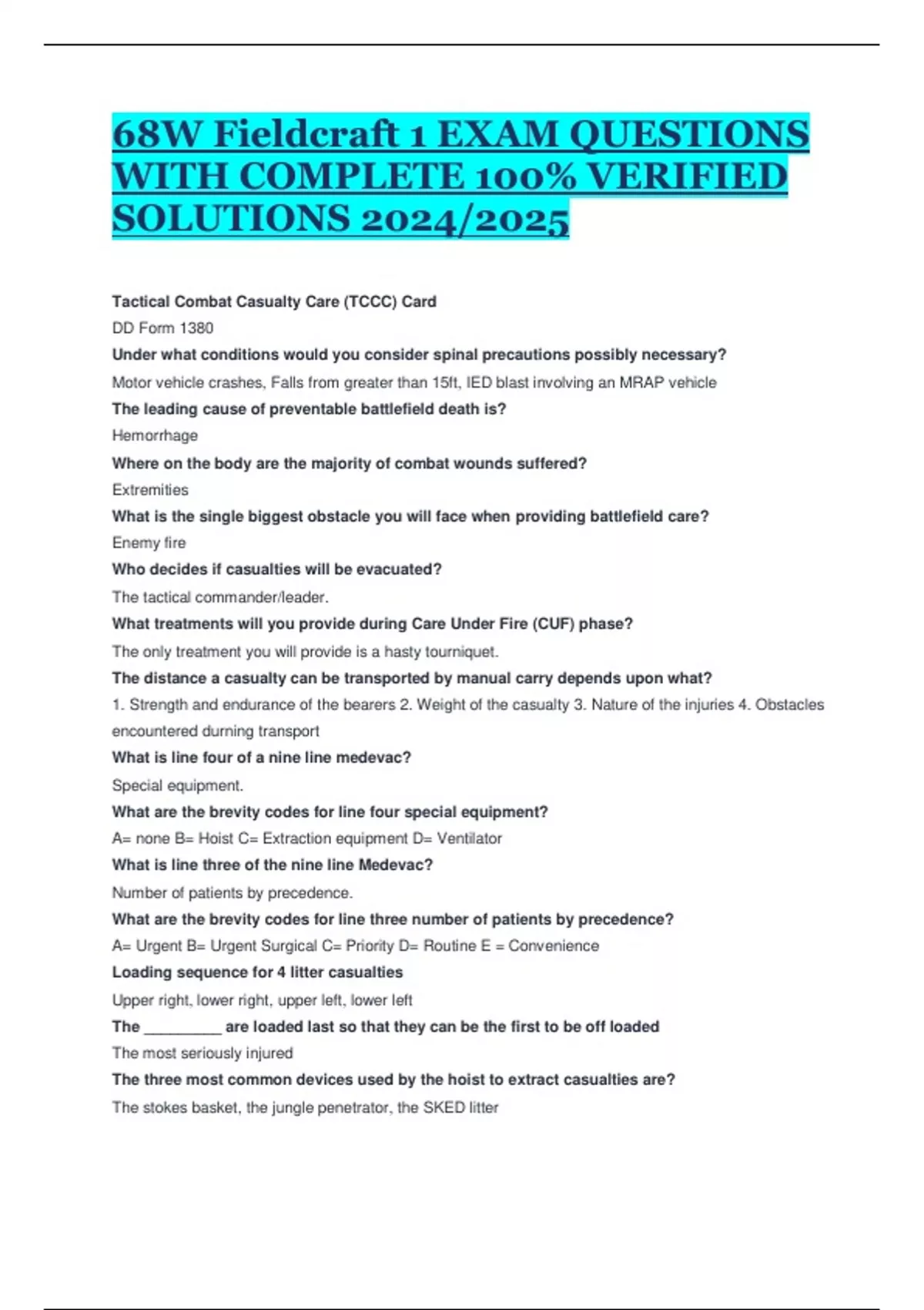 68W Fieldcraft 1 EXAM QUESTIONS WITH COMPLETE 100% VERIFIED SOLUTIONS ...