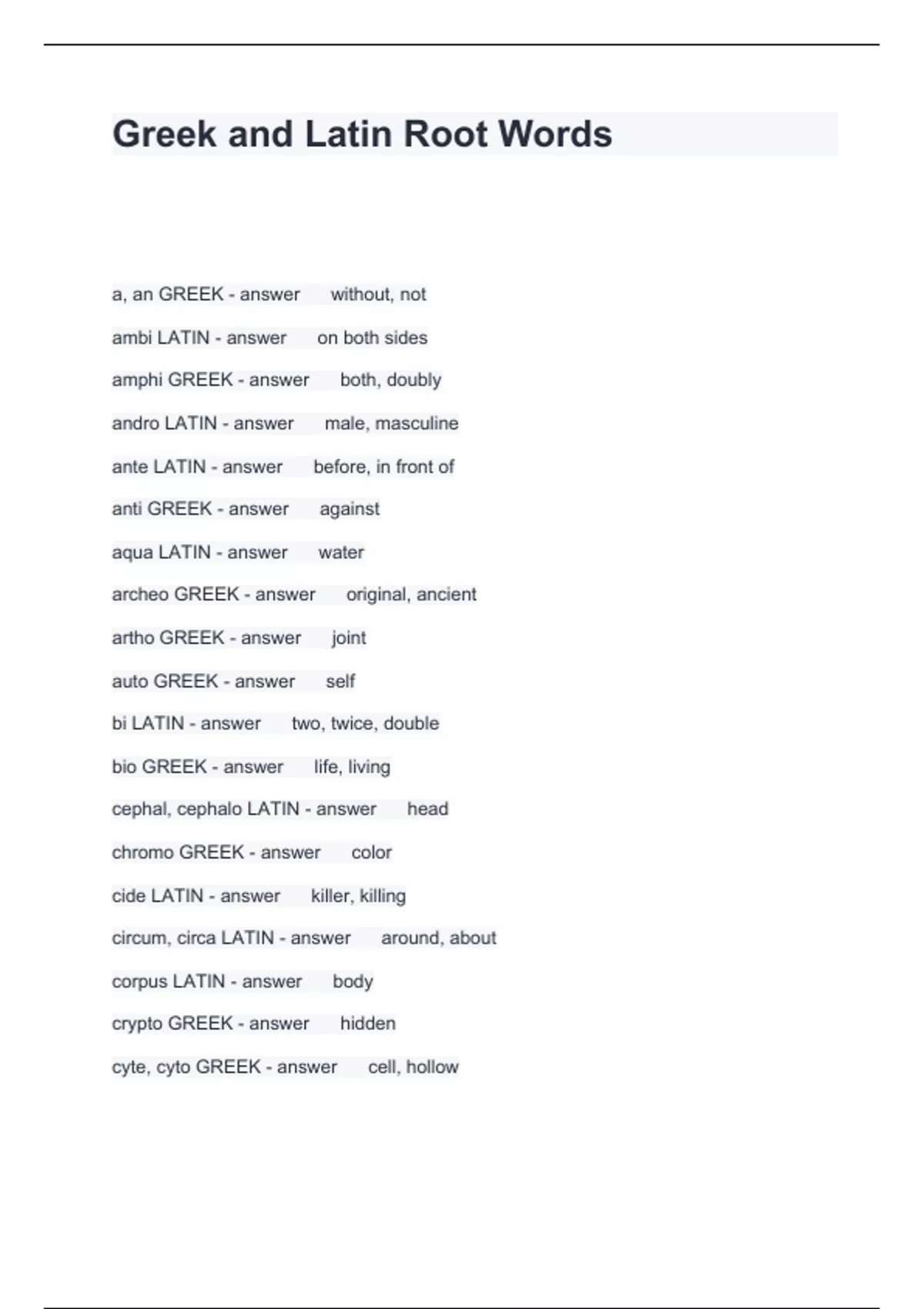 Greek and Latin Root Words Questions with Accurate Answers 2024 - Latin ...