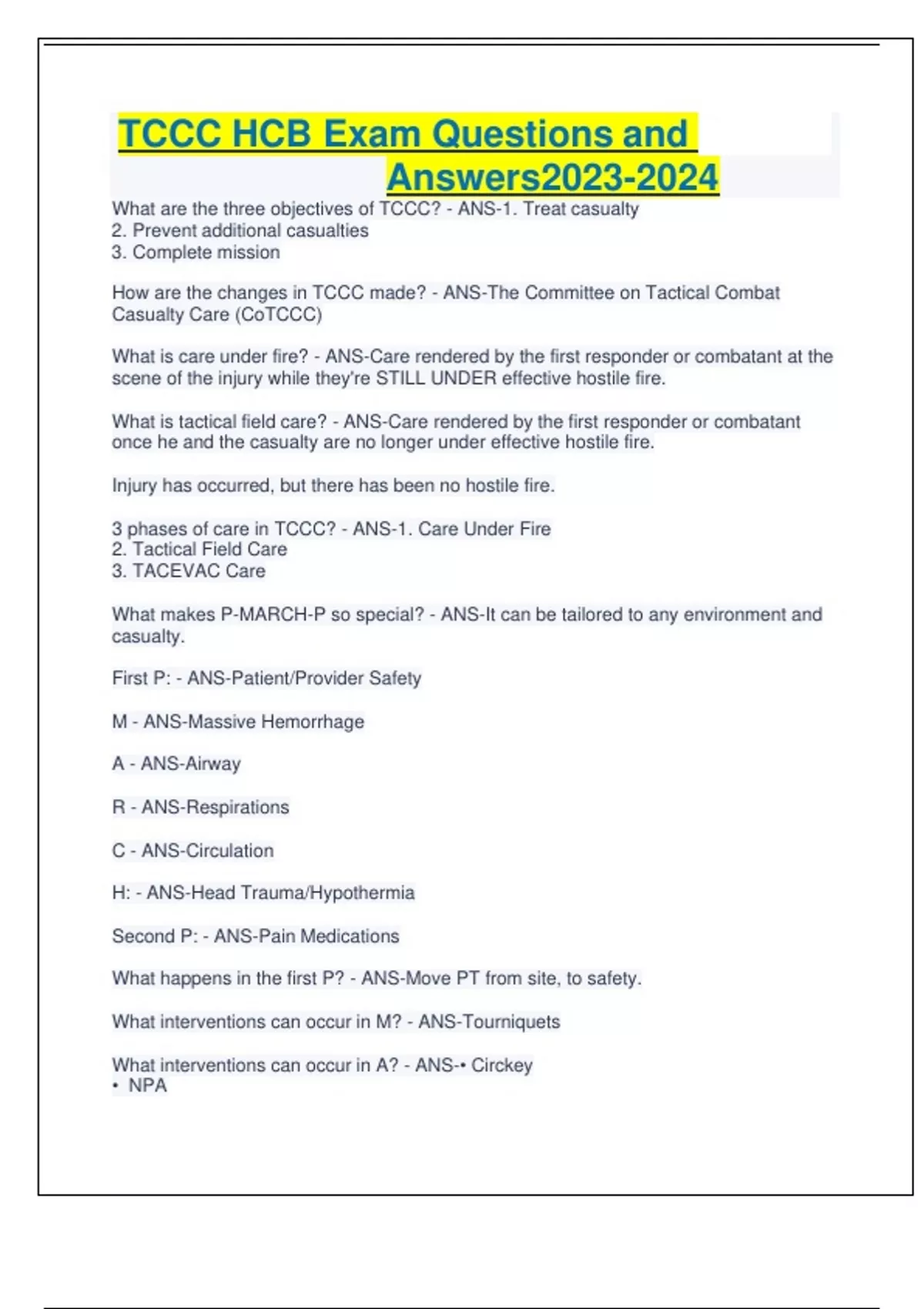 TCCC HCB Exam Questions and Answers . - Hcb - Stuvia US