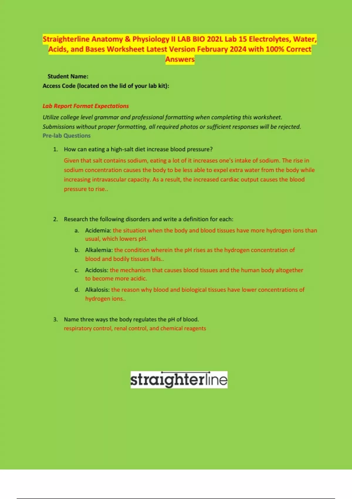 Straighterline Anatomy & Physiology II LAB BIO 202L Lab 15 The ...