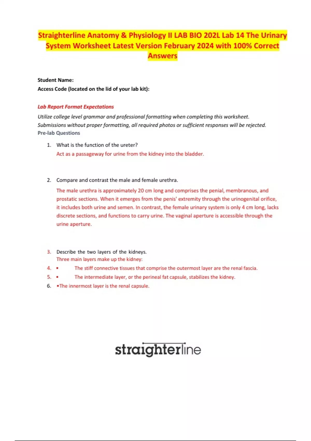 Straighterline Anatomy & Physiology II LAB BIO 202L Lab 14 The Urinary ...