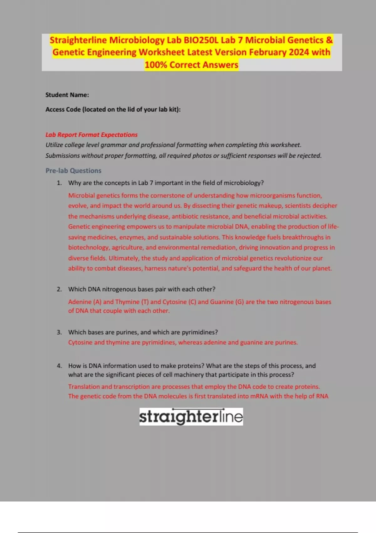 Straighterline Microbiology Lab BIO250L Lab 7 Microbial Genetics ...