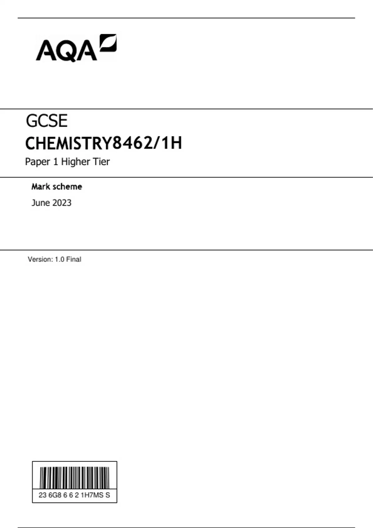 GCSE AQA 2024 HIGHER Tier CHEMISTRY PAPER 1 MARK SCHEME - Chemistry ...
