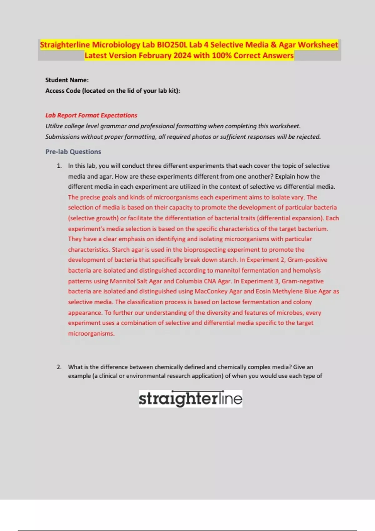Straighterline Microbiology Lab BIO250L Lab 4 Selective Media & Agar ...