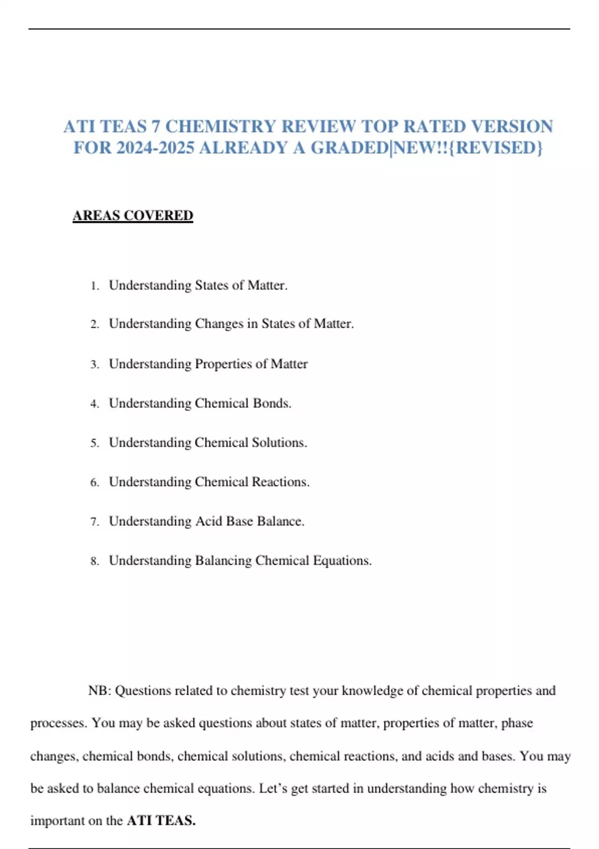 ATI TEAS 7 CHEMISTRY REVIEW TOP RATED VERSION FOR ALREADY A GRADED|NEW ...