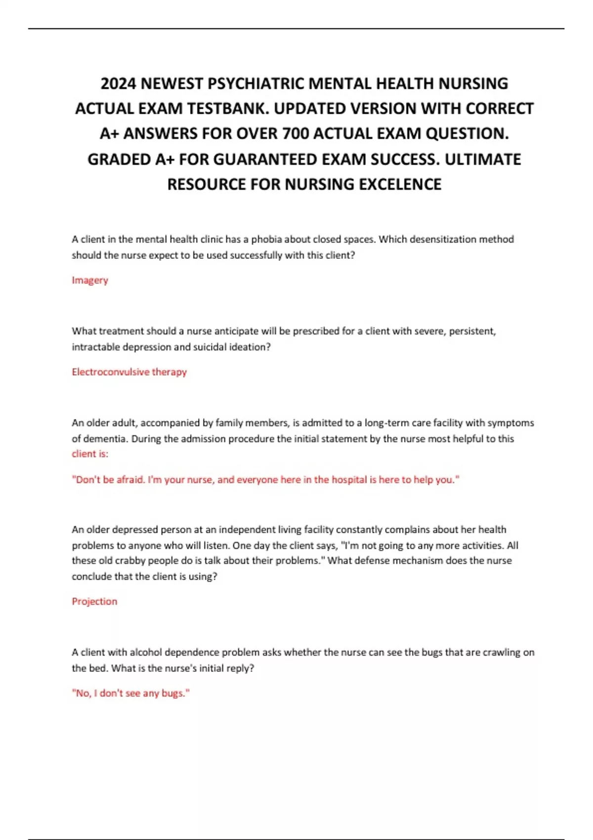 2024 NEWEST PSYCHIATRIC MENTAL HEALTH NURSING ACTUAL EXAM TESTBANK ...