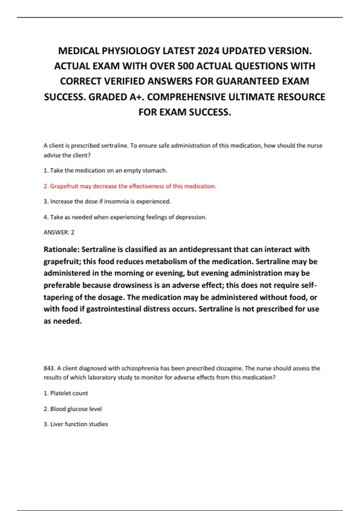 MEDICAL PHYSIOLOGY LATEST 2024 UPDATED VERSION. ACTUAL EXAM WITH OVER ...