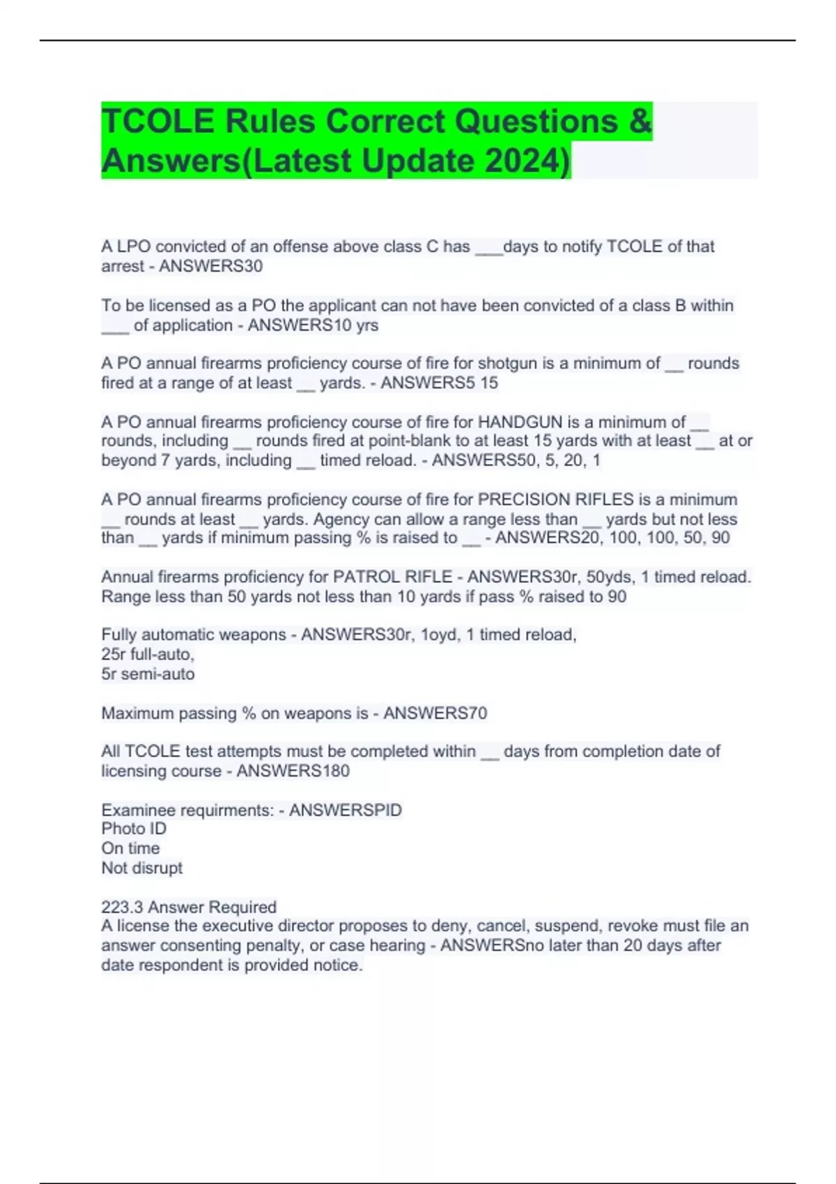 TCOLE Rules Correct Questions & Answers(Latest Update 2024) - TCOLE ...