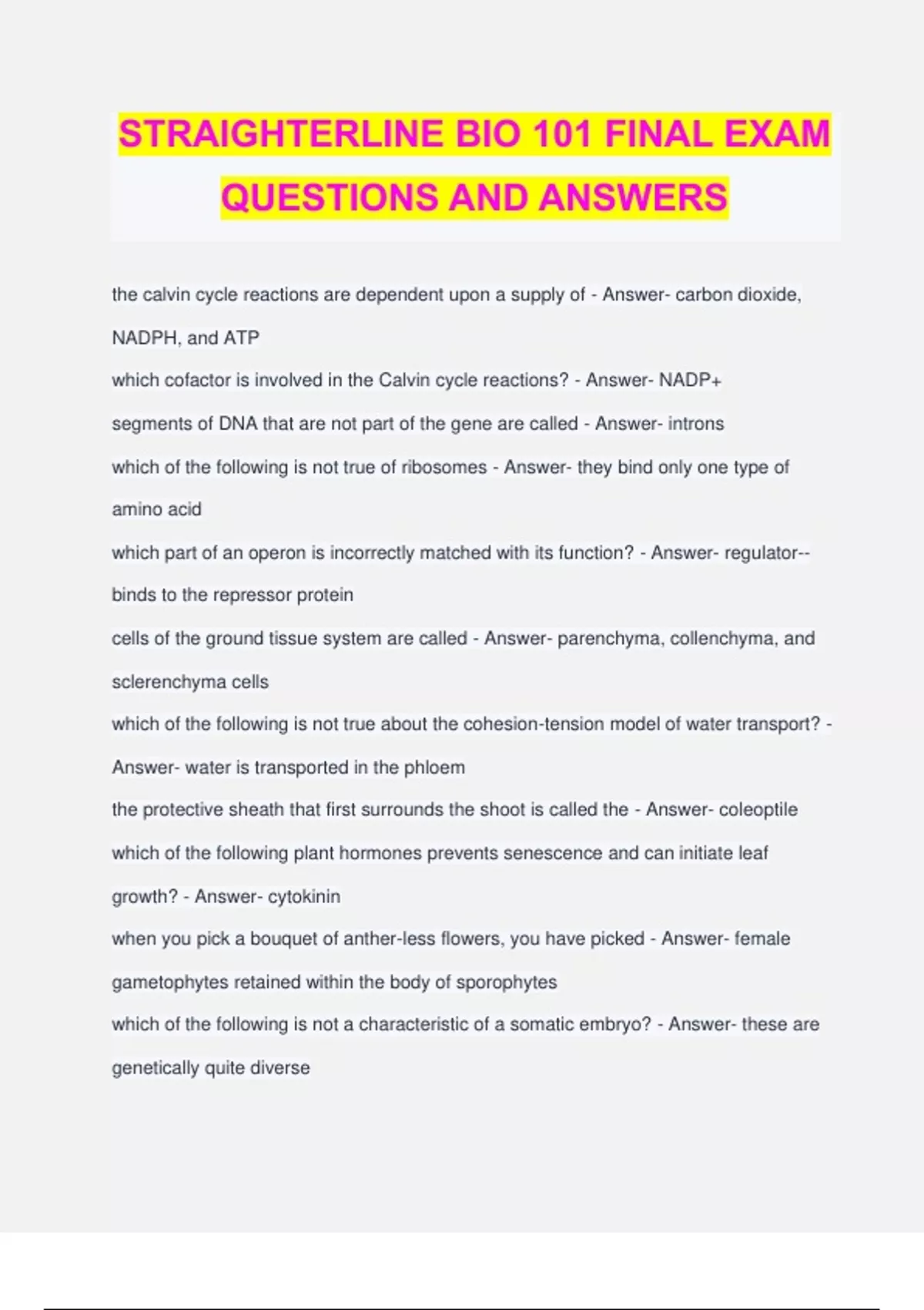 STRAIGHTERLINE BIO 101 FINAL EXAM QUESTIONS AND ANSWERS ...
