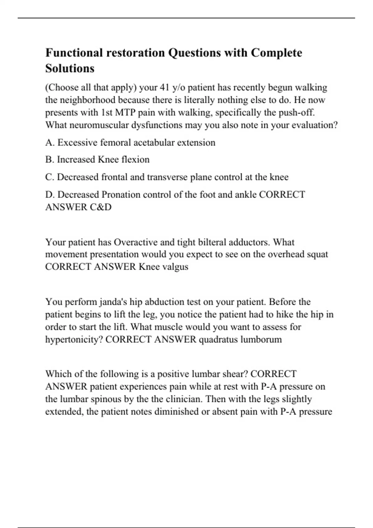 Functional restoration Questions with Complete Solutions - RN- Nursing ...