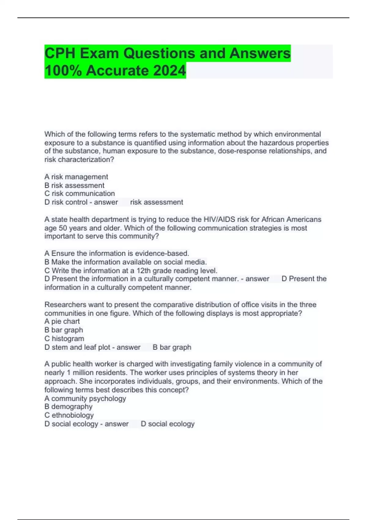 CPH Exam Questions and Answers 100% Accurate 2024 - CPH - Certified in ...