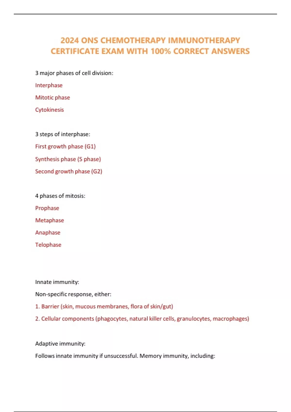 2024 ONS CHEMOTHERAPY IMMUNOTHERAPY CERTIFICATE EXAM WITH 100% CORRECT ...