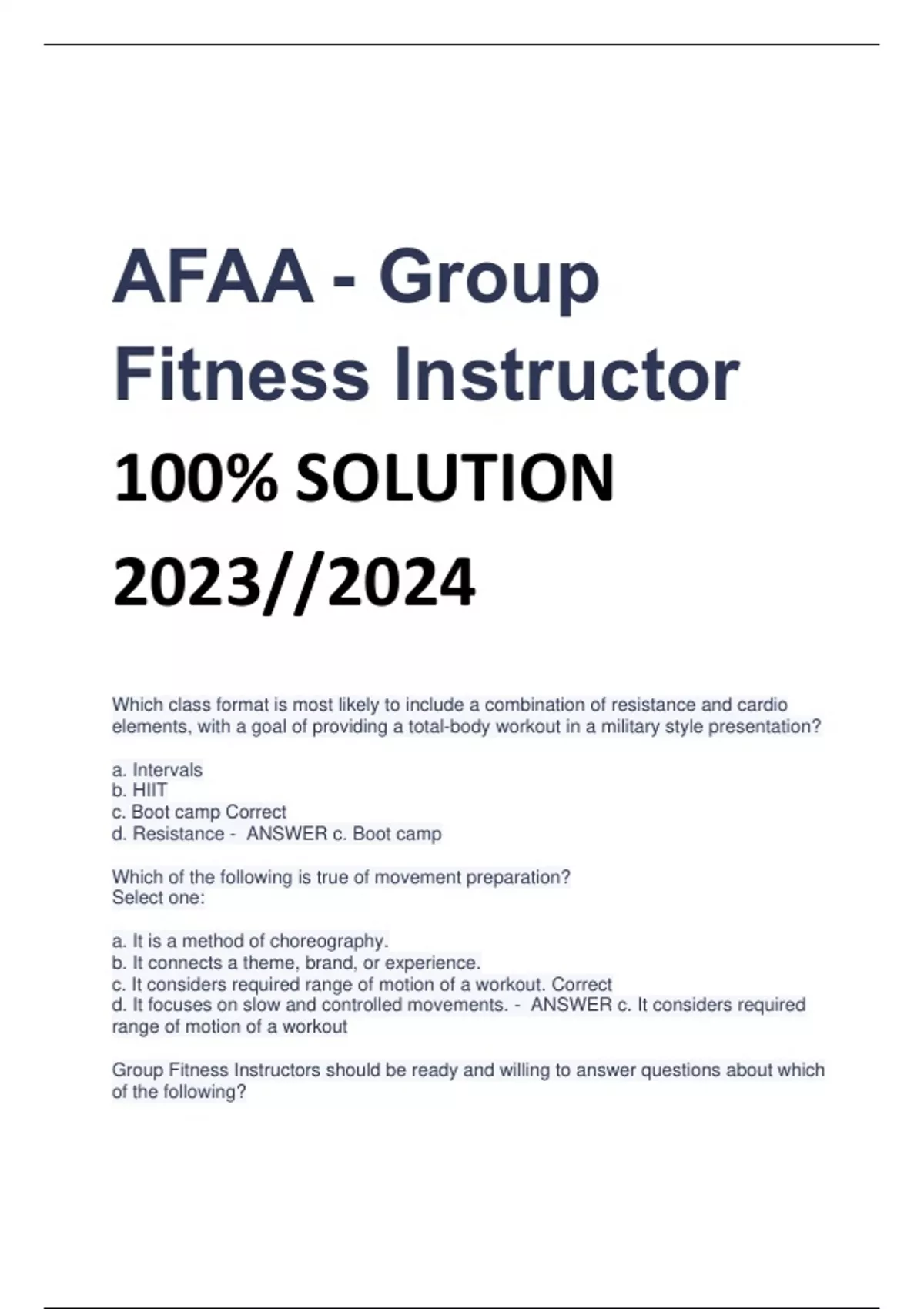 AFAA Primary Group Exercise Practice Test 100% SOLUTION A training ...
