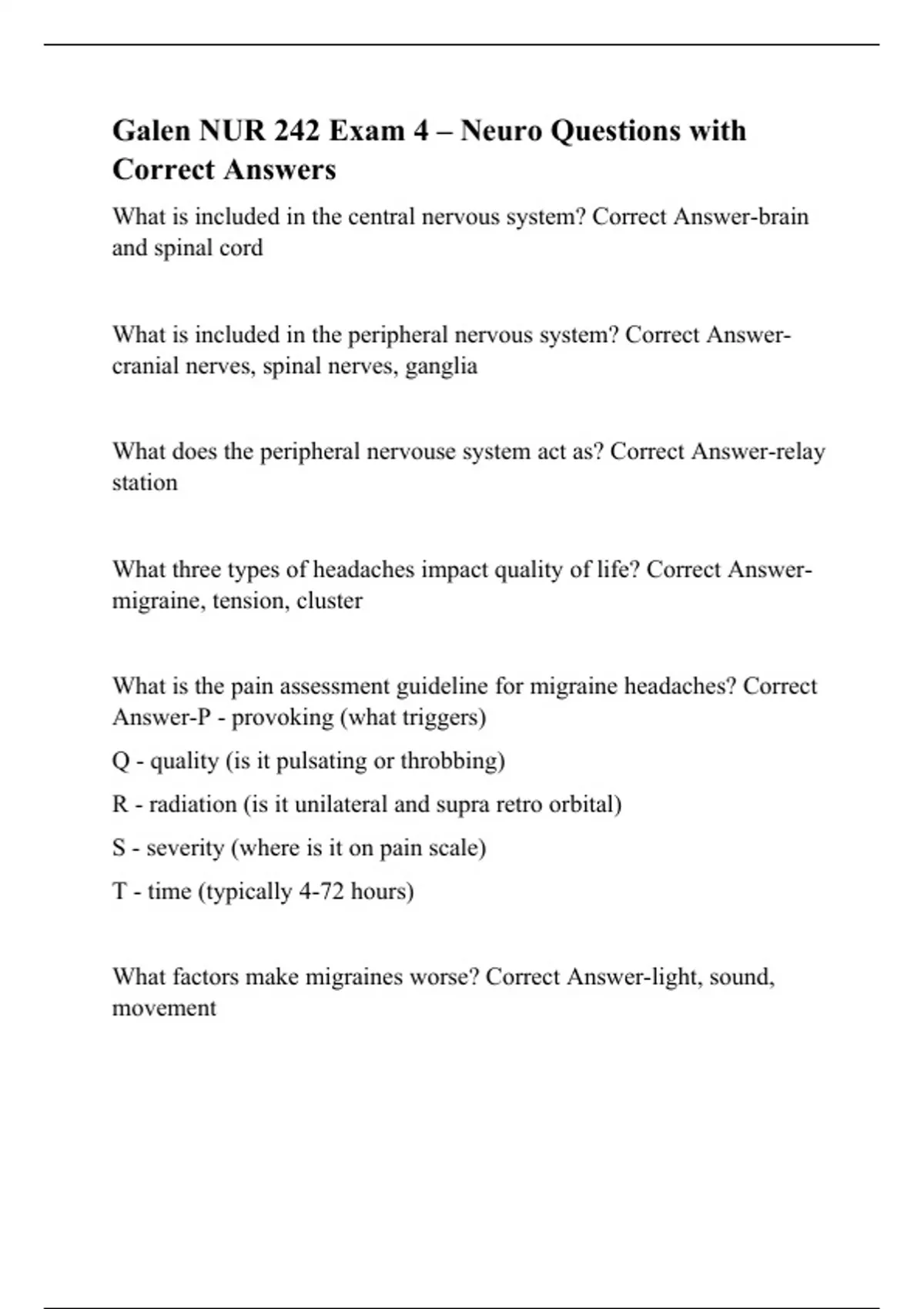 Galen NUR 242 Exam 4 – Neuro Questions with Correct Answers - RN ...