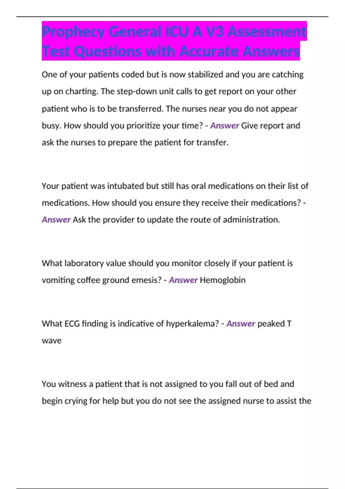 Prophecy General ICU A V3 Assessment Test Questions with Accurate ...