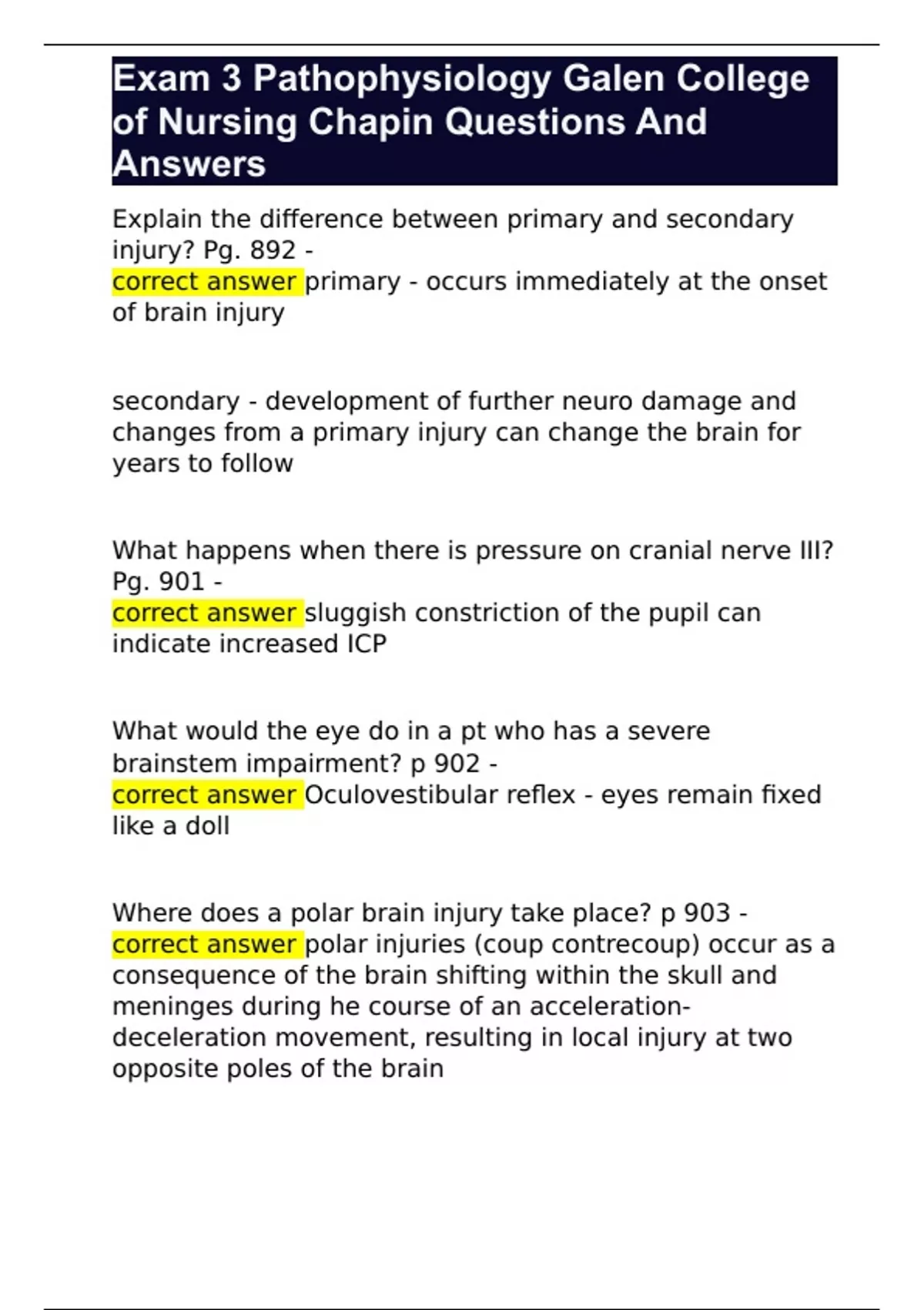 Exam 3 Pathophysiology Galen College of Nursing Chapin Questions And ...