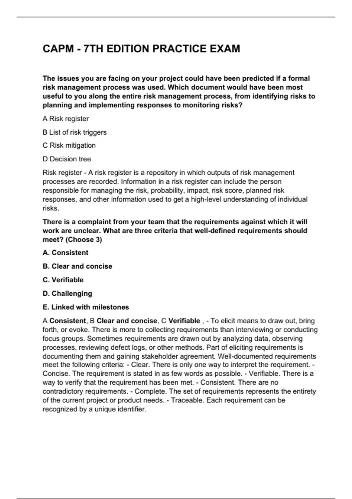 CAPM - 7TH EDITION PRACTICE EXAM - CAPM - Stuvia US