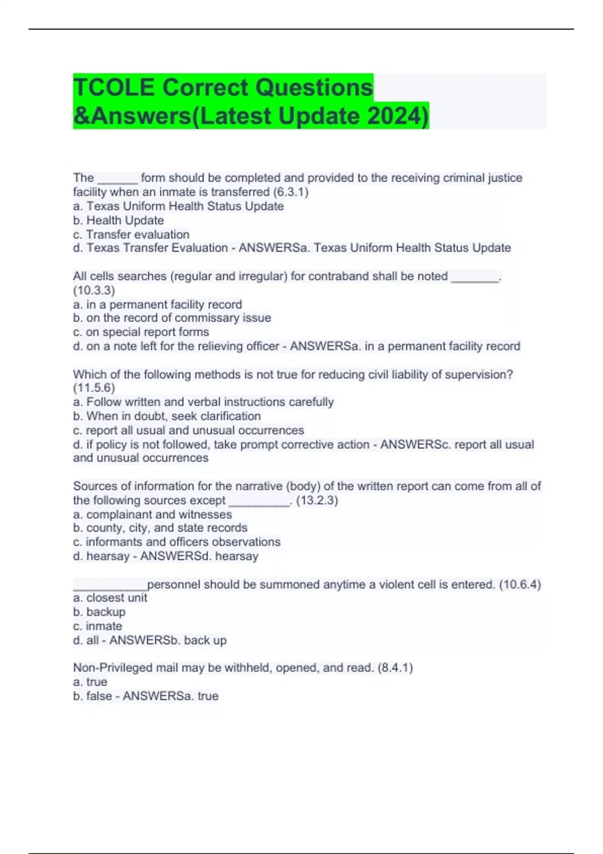 TCOLE Correct Questions &Answers(Latest Update 2024) - TCOLE - Stuvia US