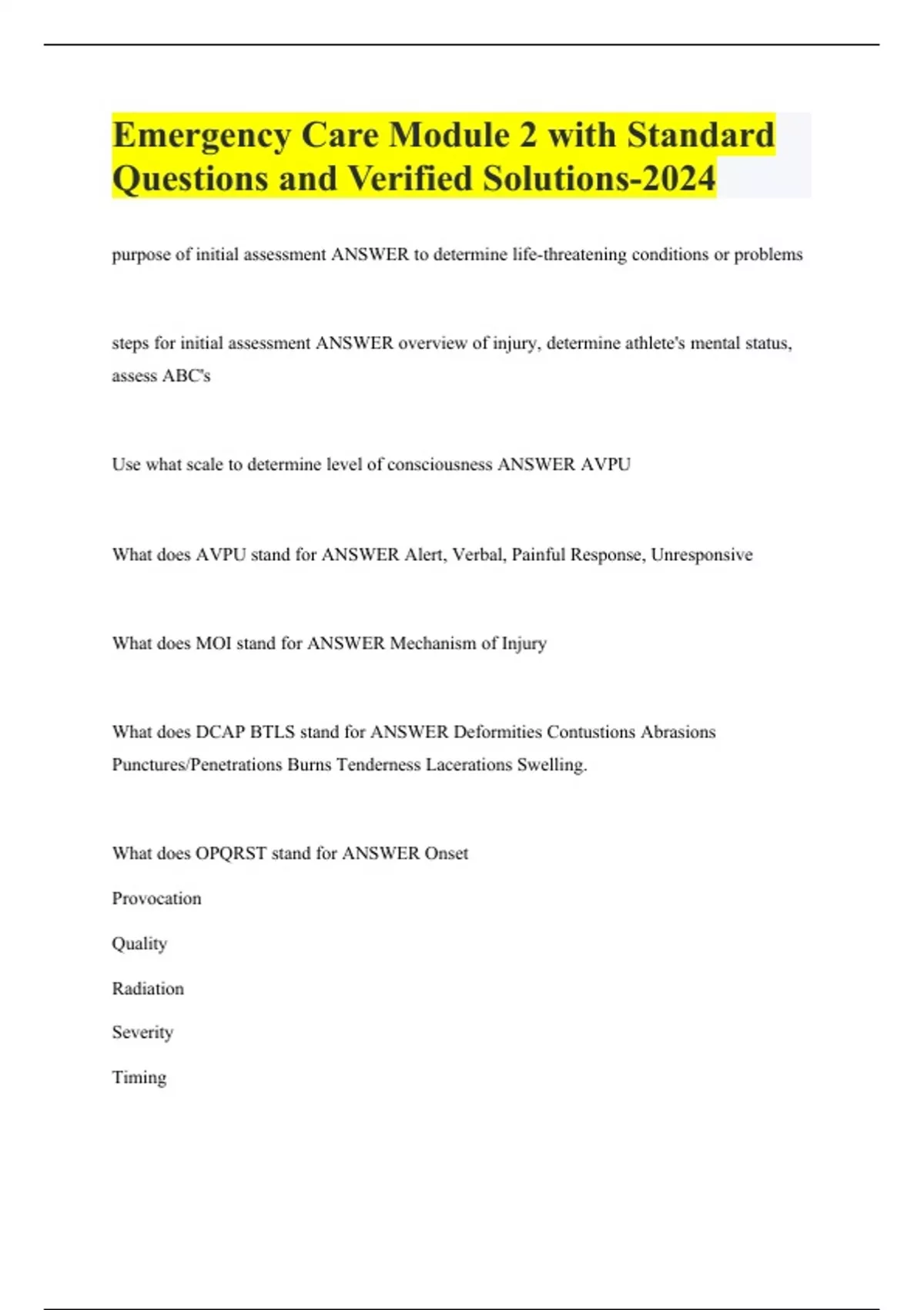 Emergency Care Module 2 with Standard Questions and Verified Solutions ...
