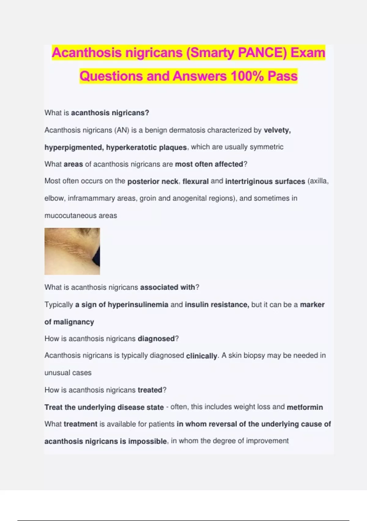 Acanthosis nigricans (Smarty PANCE) Exam Questions and Answers 100% ...