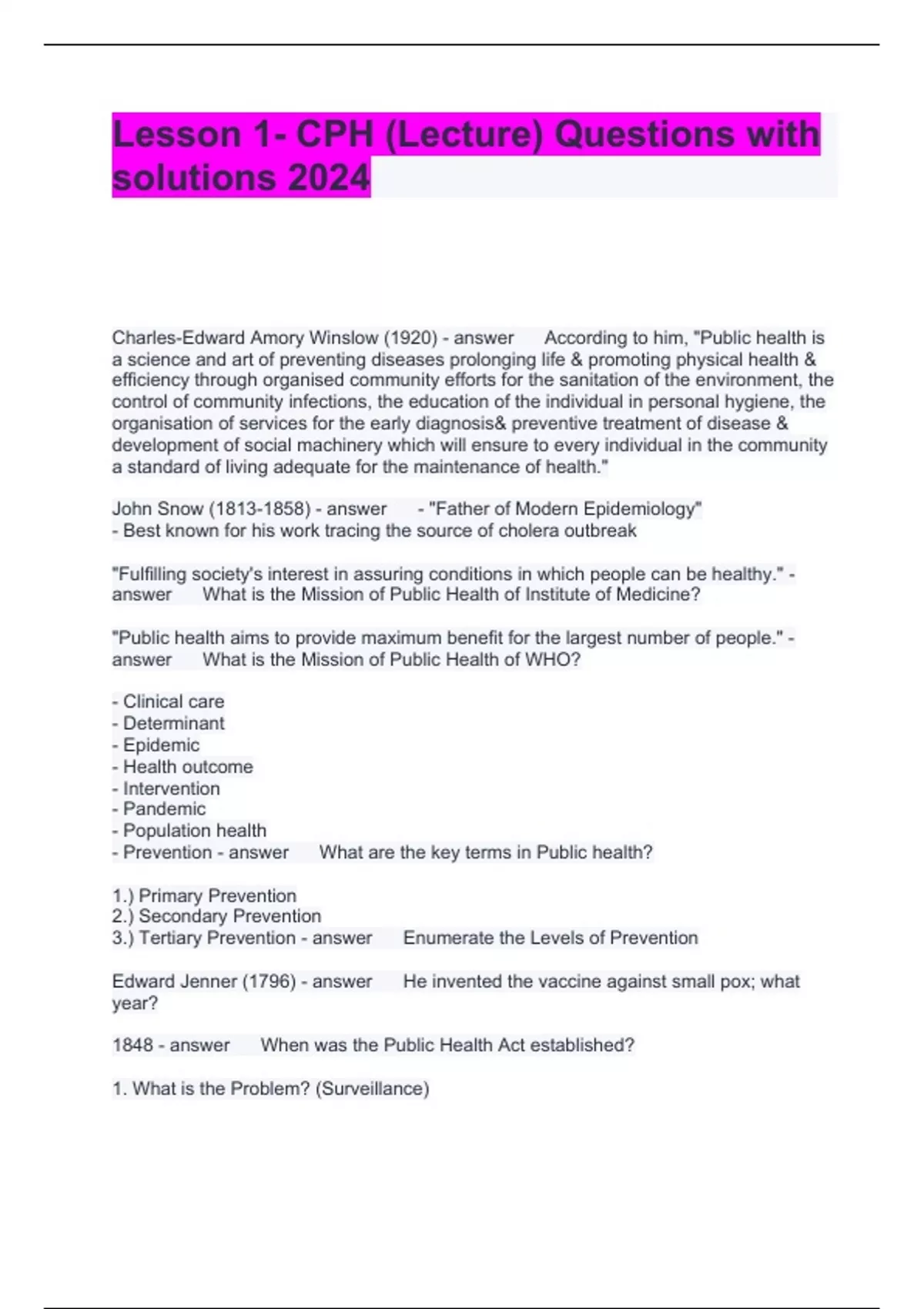 Lesson 1- CPH (Lecture) Questions with solutions 2024 - CPH - Certified ...