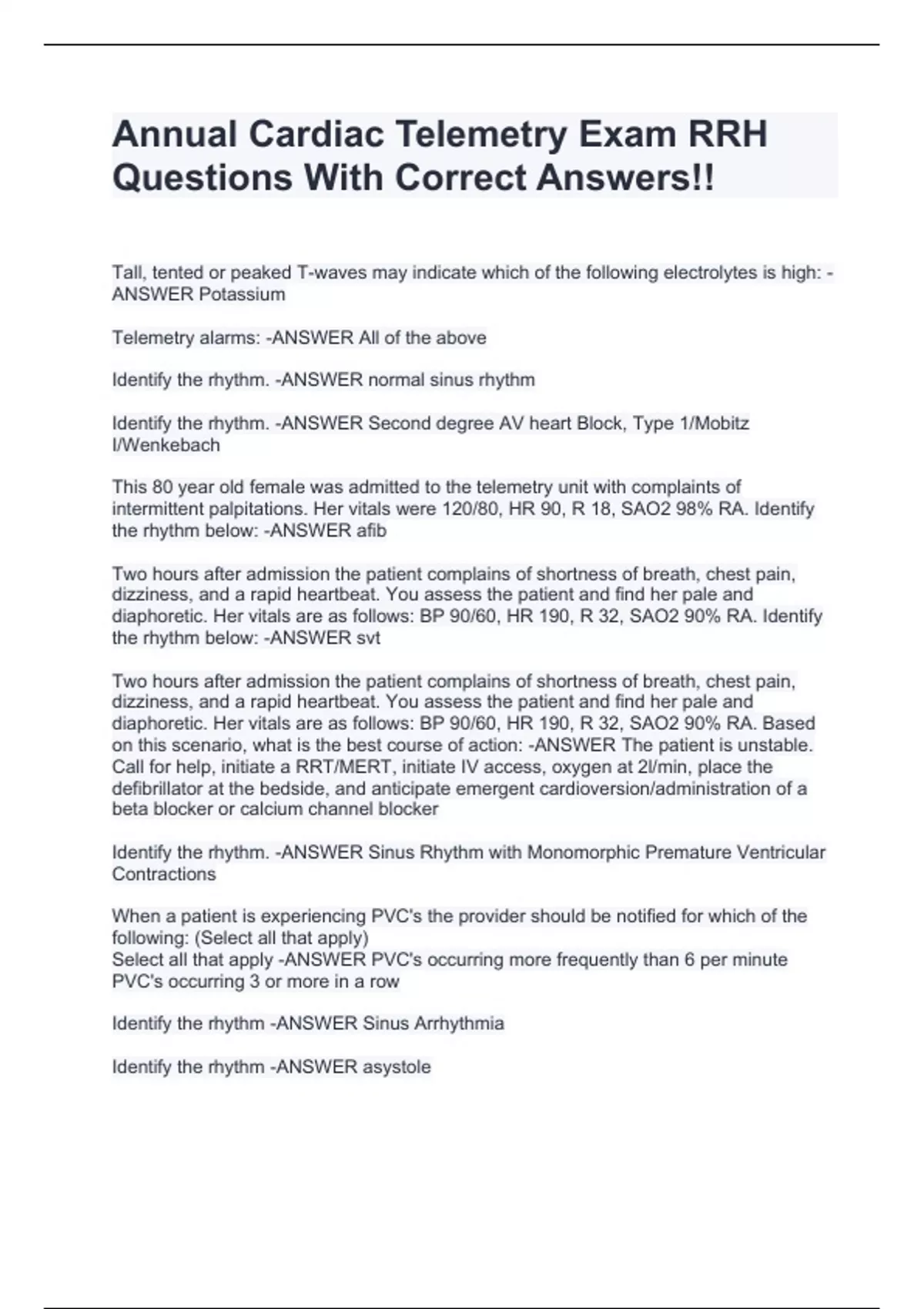 CARDIAC TELEMENTRY EXAM BUNDLE|WITH COMPLETE SOLUTIONS - Stuvia US