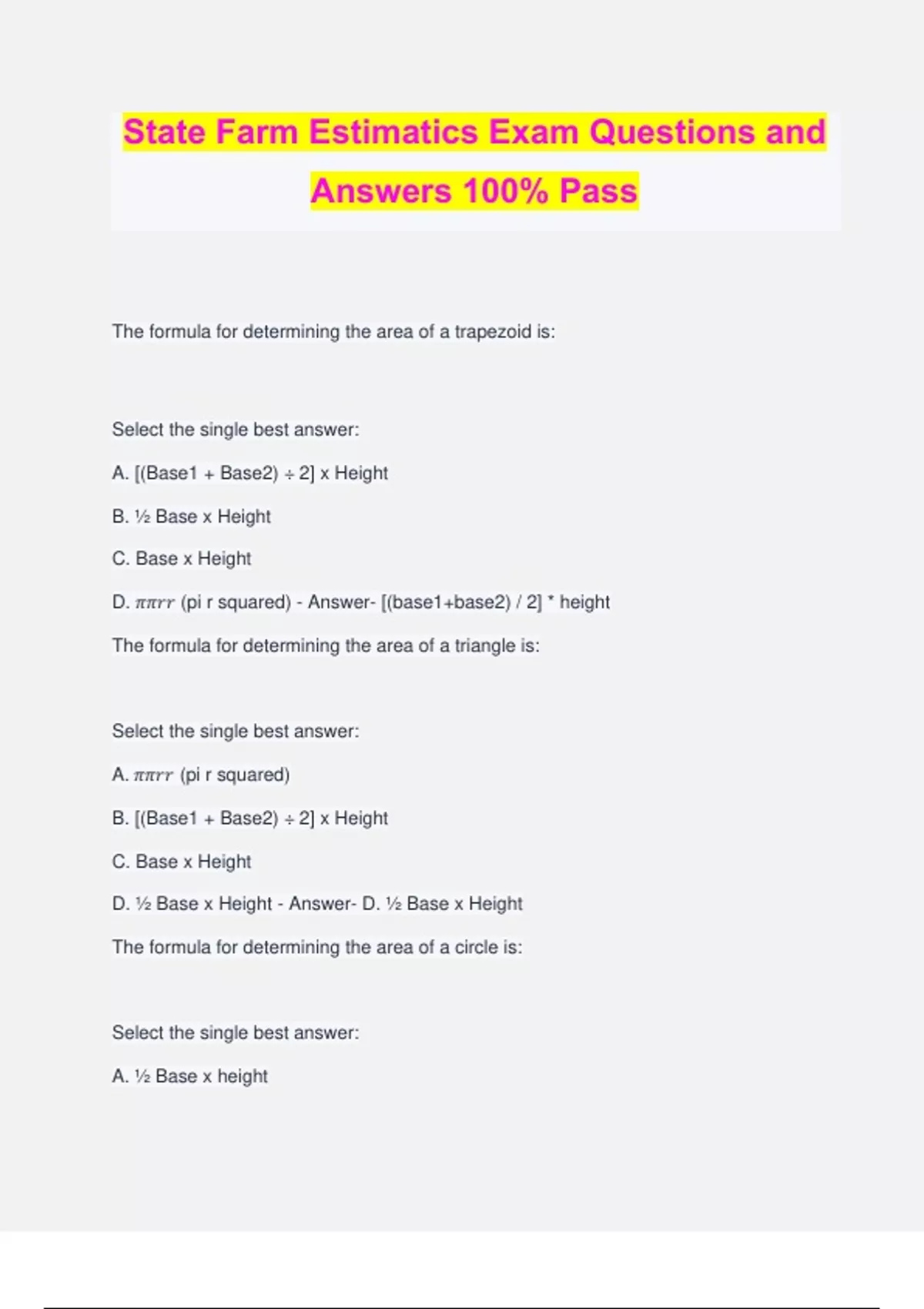 State Farm Estimatics Exam Questions and Answers 100% Pass - State Farm ...